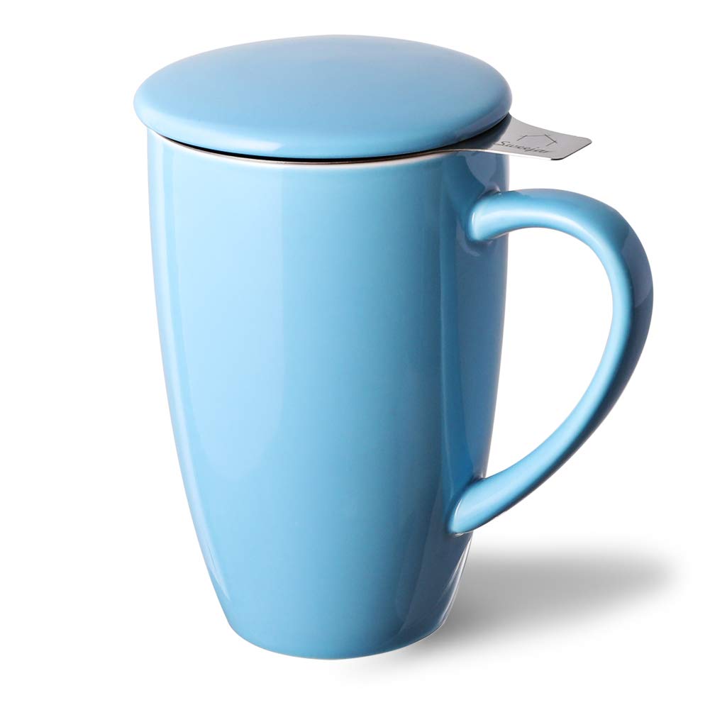 Sweejar Porcelain Tea Mug with Infuser and Lid,Teaware with Filter, Loose Leaf Tea Cup Steeper Maker, 16 Fl Oz for Tea/Coffee/Milk/Women/Office/Home/Gift (Steel Blue)