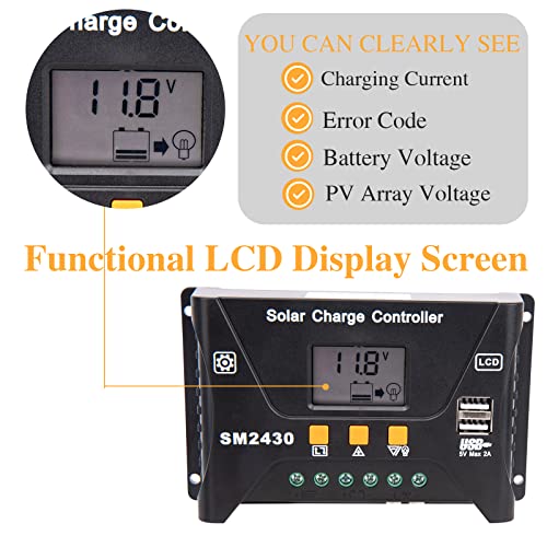 PWM Solar Charge Controller 12V 10A Waterproof, PWM Negative Ground Solar Charge Controller 12V/24V with LCD Display for AGM, Gel, Flooded and Lithium Battery