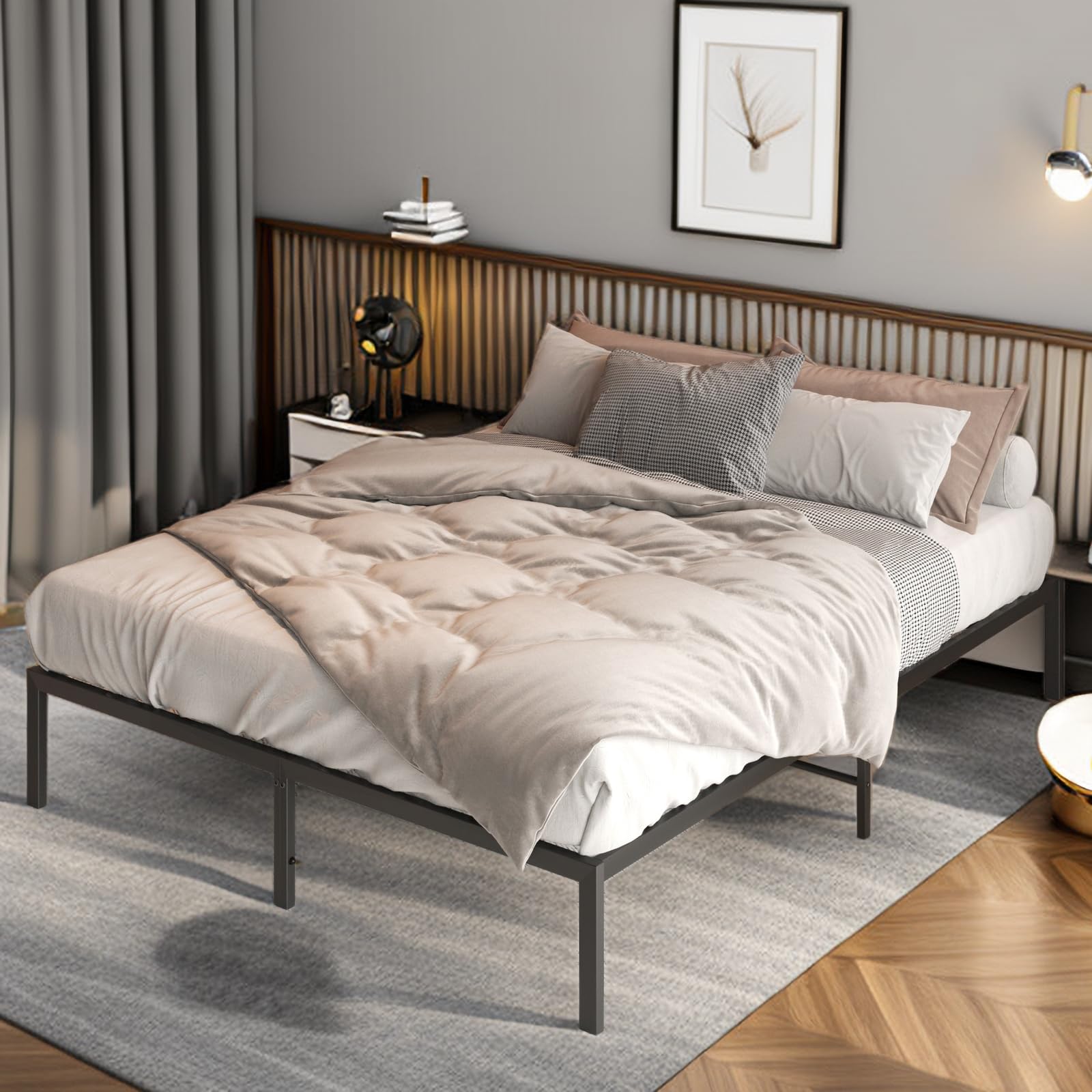 MegaChunk Full Size Metal Platform Bed Frame, Sturdy Structure with Minimalist Styling, No Box Spring Needed, Wave Shaped Headboard, No-Noise Design, Black