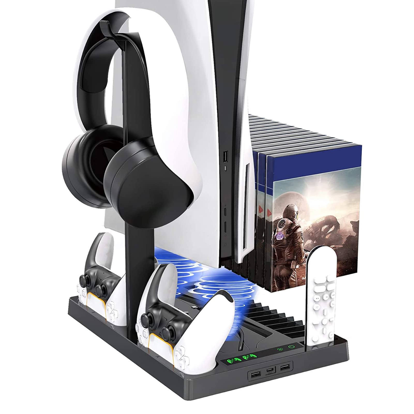Vertical Cooling Fan Stand for PS5 Console, Digital Editions Dual Controllers Charger, 2 Silent Cooling Fans, Retractable Game Storage Slots, for Playstation 5