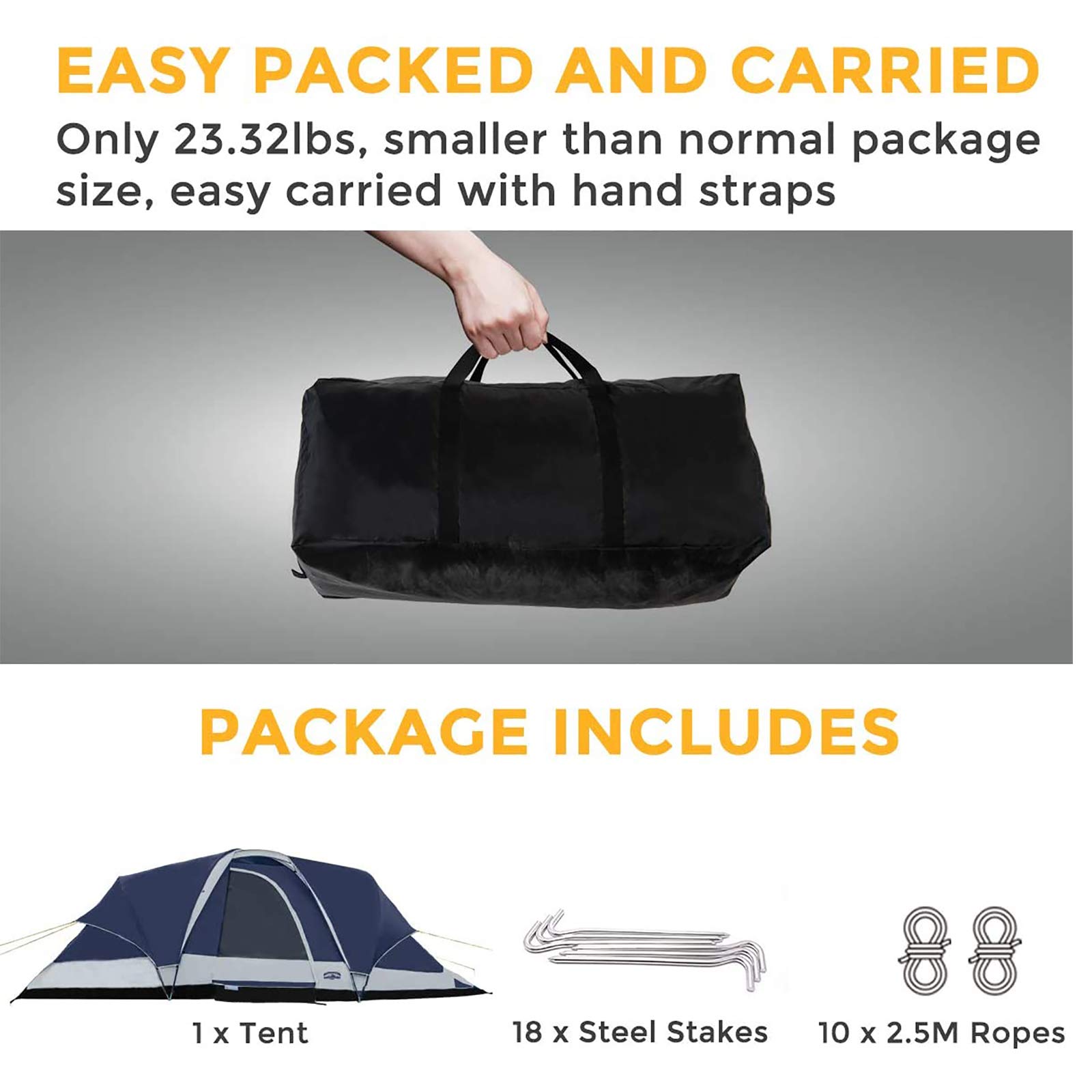 Pacific Pass 8 Person Dome Tent w/ Removable Rain Fly and Room Dividers, Water Resistant - Navy/Gray