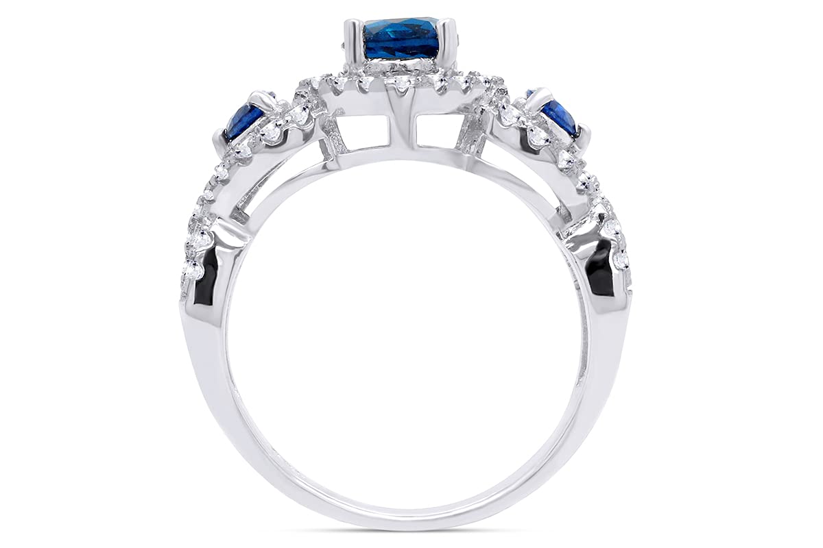 SAVEARTH DIAMONDS Infinity Style, Center 5MM Round Cut Simulated Blue Sapphire And Cubic Zirconia Three Stone Cluster Engagement Ring In 14k White Gold Over Sterling Silver For Women Size-10