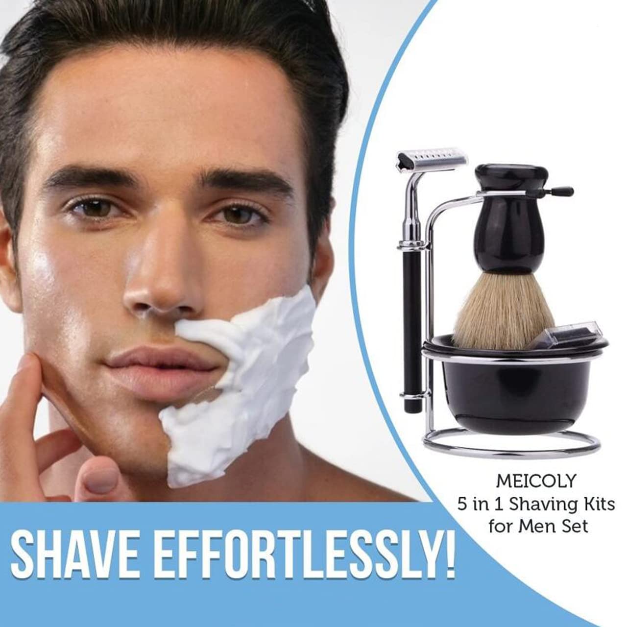 MEICOLY 5 in 1 Shaving Kits for Men Set,Badger Stainless Steel Stand Holder,Manual Razor,Blades,Shaving Brush,Shaving Bowl, Father Day Gift,Men Gift Set