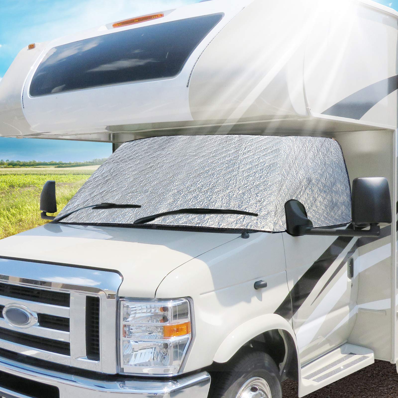 MOFEEZ RV Windshield Cover Compatible with Class C Ford 1997-2021, UV Block Offer Complete Privacy with Light Preserves Interior (White Color with Mirror Cutouts)