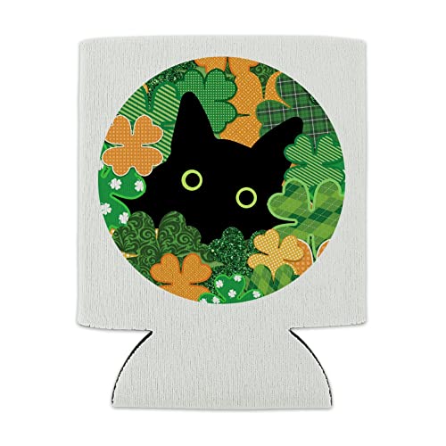 St. Patrick's Day Black Cat Shamrock Can Cooler - Drink Sleeve Hugger Collapsible Insulator - Beverage Insulated Holder