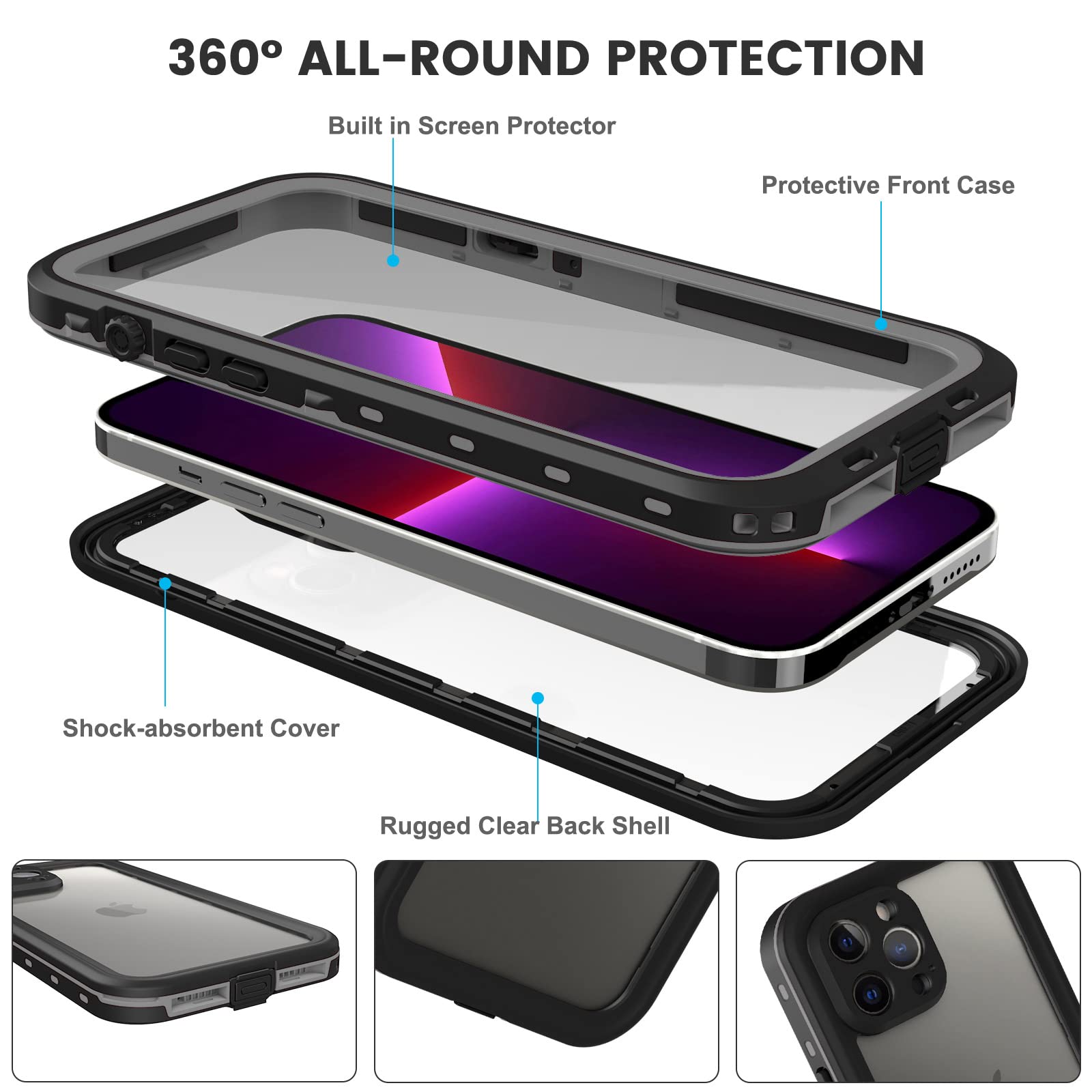 Saupsitnz iPhone 13 Pro Max Waterproof Case, Built-in Screen Protector, Dust-Proof, Shockproof, Full Body Protection, 6.7" 2021- Black