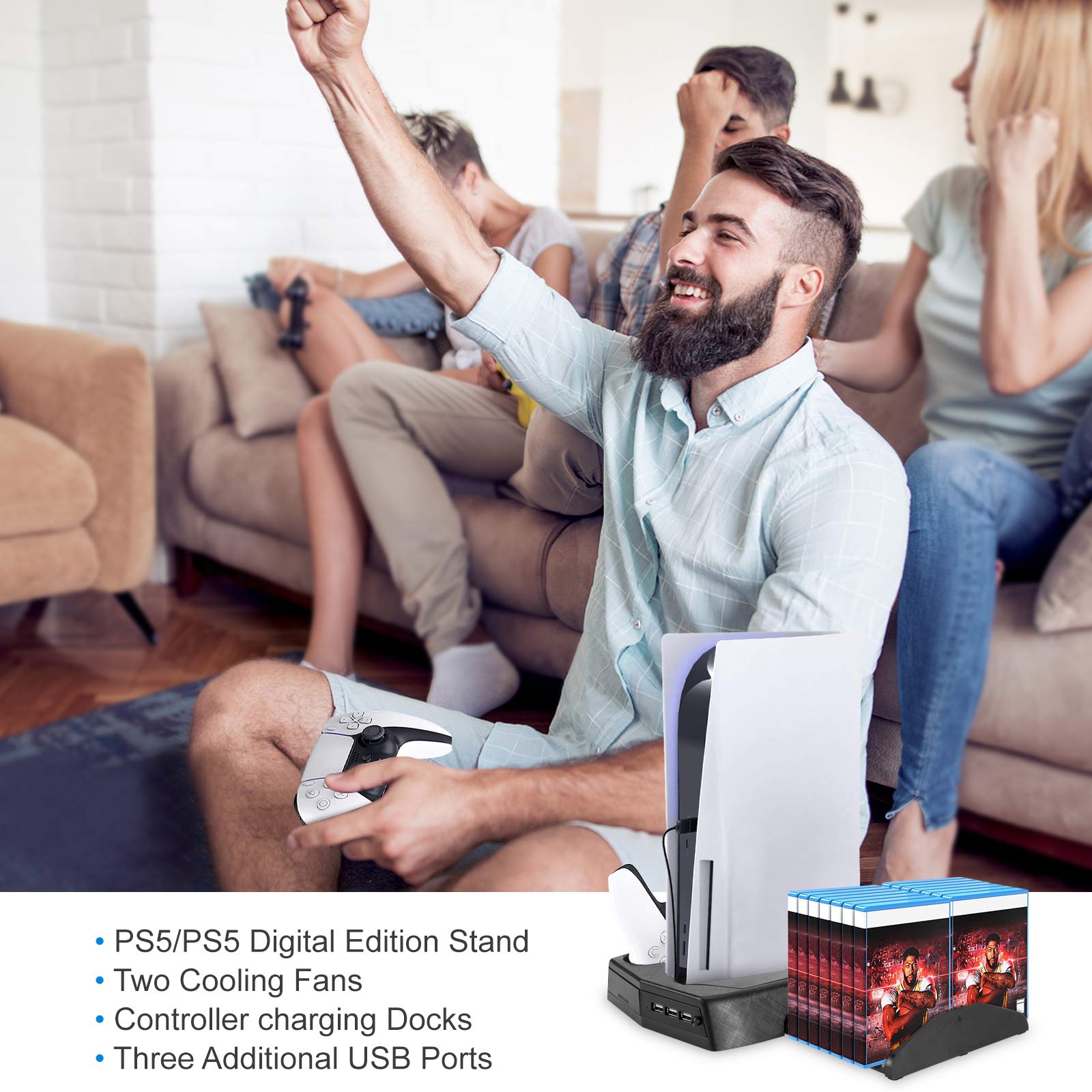 Vertical Stand for Playstation 5 with Cooling Fan Charing Station for PS5 Digital Edition/PS5 Ultra HD,Multi-Function Charger Station with 2 Controller Charging Docks