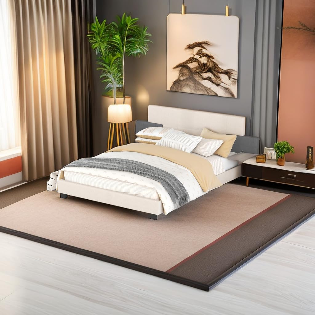 MegaChunk Queen Size Upholstered Platform Bed with Bedside Shelves and USB Charging Design, Beige+Gray