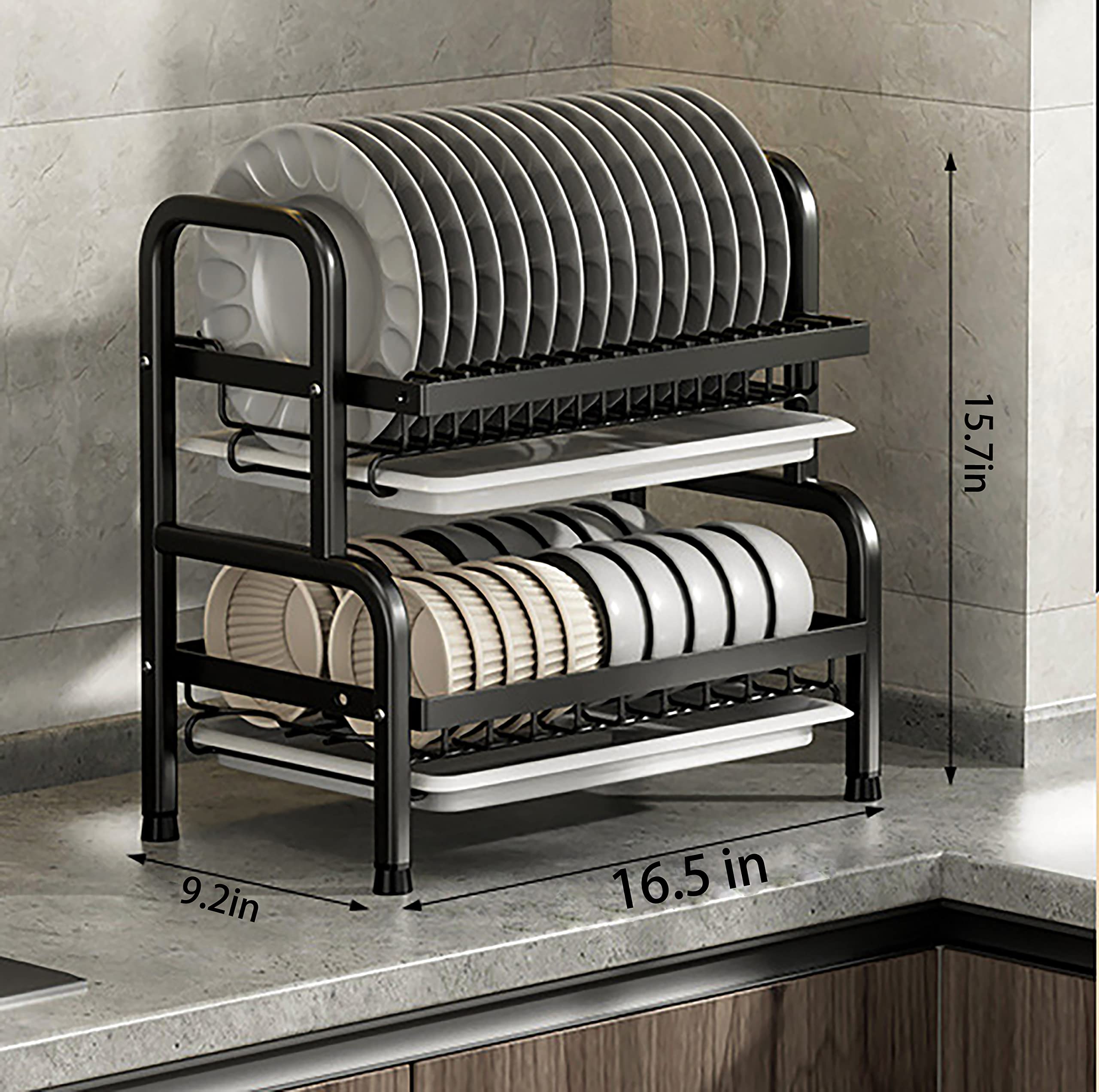PEAKXCAN Dish Drying Rack, 2 Tier Rust-Resistant Dish Rack Small Dish Drainer with Drainboard Tray, Dish Racks for Kitchen Counter, Durable Stainless Steel Kitchen Drying Rack, Black