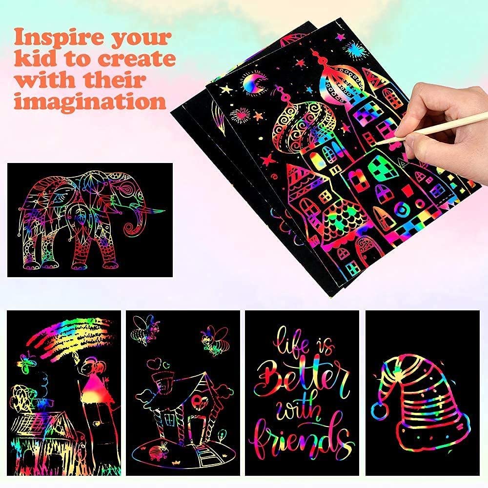 Mocoosy 60 Pcs Scratch Art Paper for Kids, Rainbow Magic Scratch Off Paper Set Art Craft Kit Black Scratch Paper Sheets with 4 Stencils 5 Wooden Stylus for Birthday Party Favors Game Activities