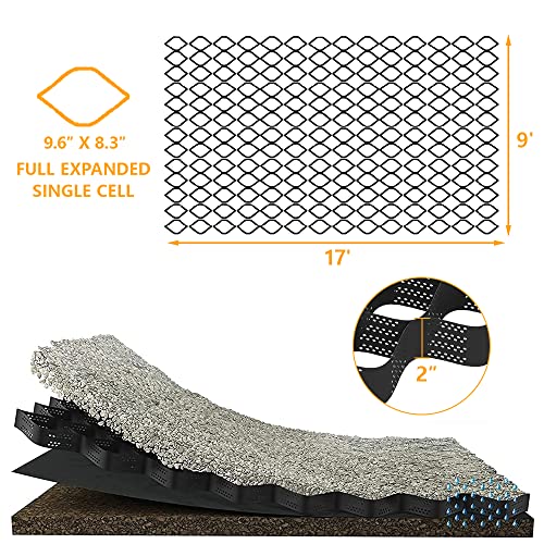 YUEWO Geo Grid Ground Grid 2 Inch (9x17FT) 155 sq ft Geocells Cellular Confinement System Geo Cell Grid Paver for Gravel Stabilizer for Light Duty Traffic Areas Foot Traffic with 30pcs Buckles