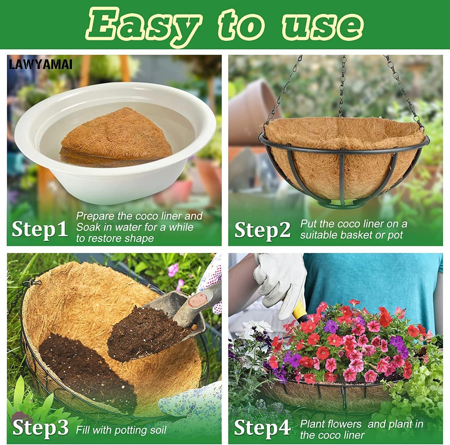 Y&M 2pcs 16β Round Coconut Fiber Liner, 16'' Coco Liner Pre-Formed Replacement for Wall Hanging Planter Basket