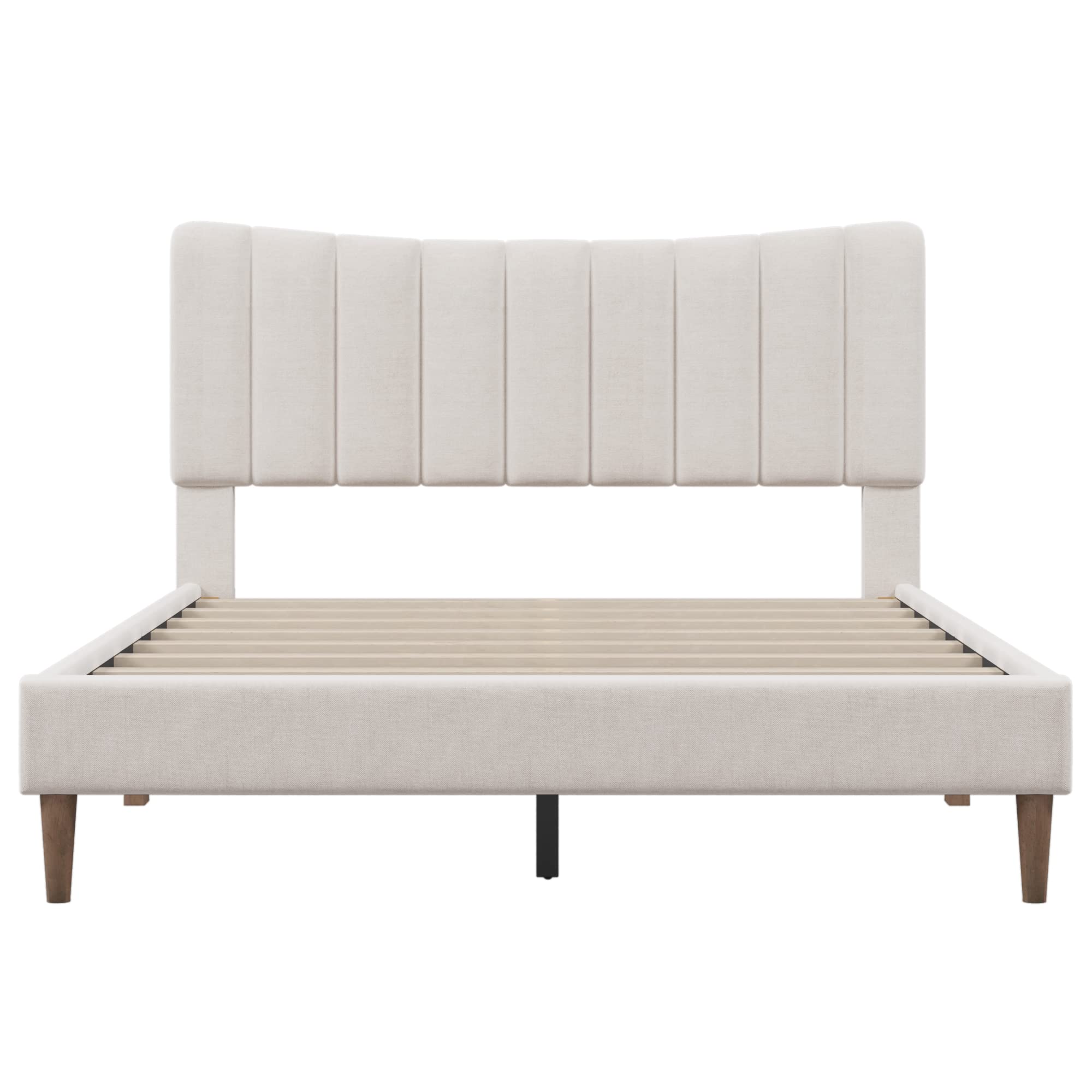 MegaChunk Upholstered Platform Bed Frame with Vertical Channel Tufted Headboard, Robust Plywood and MDF Construction, No Box Spring Needed, Queen Size, Grey