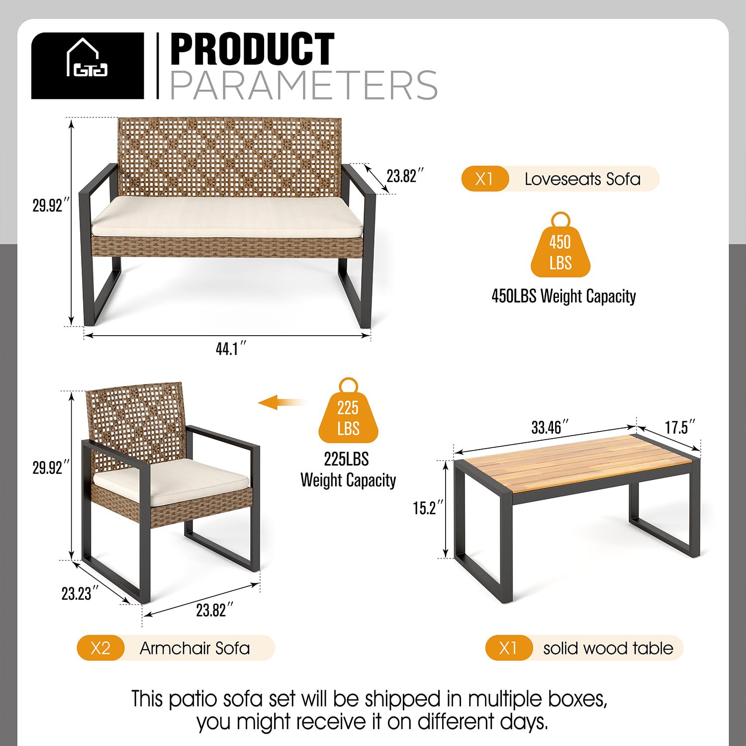 MFSTUDIO 4-Piece Patio Wicker Furniture Set, Outdoor Rattan Conversation Sofa Set for Small Spaces with Rattan Loveseat and Chairs, Solid Wood Table, Soft Beige Cushions, Backyard, Porch