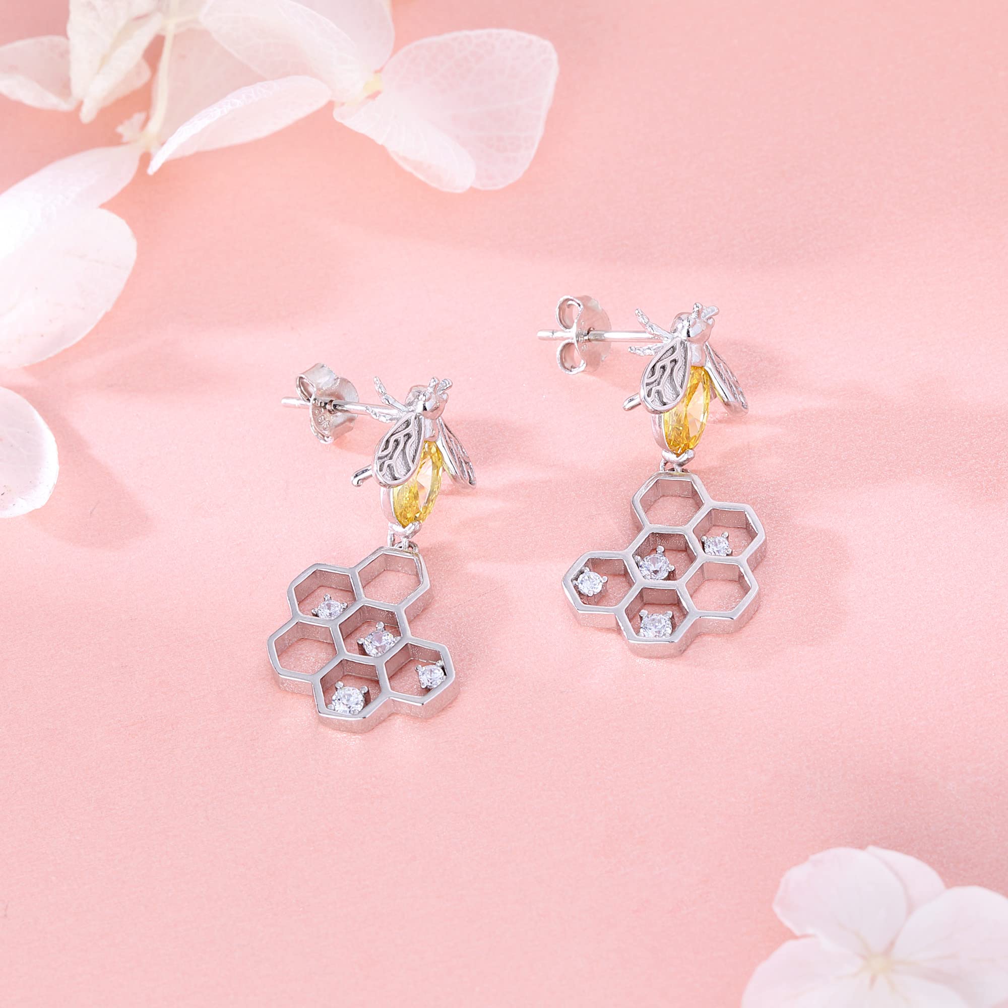 SLUYNZ 925 Sterling Silver Crystal Bee Earrings Drop fpr Women Honeycomb Dangle Earrings Studs