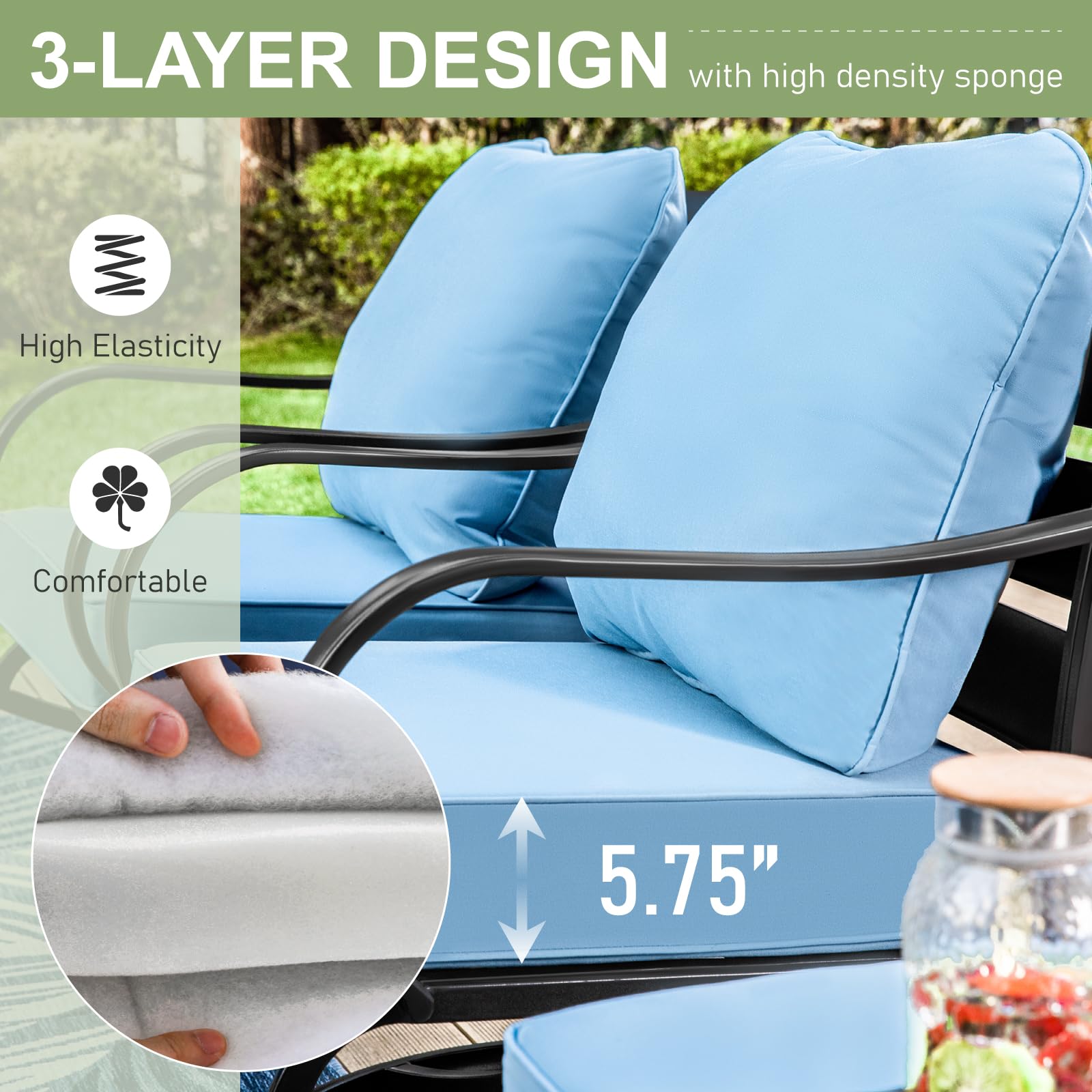 MFSTUDIO 5 Pieces Patio Conversation Sets,Outdoor Metal Furniture Sofas with 1 x 28 50,000 BTU Square Propane Fire Table and 4 x Wrought Iron Frame Rocking Chairs with Beige Cushion