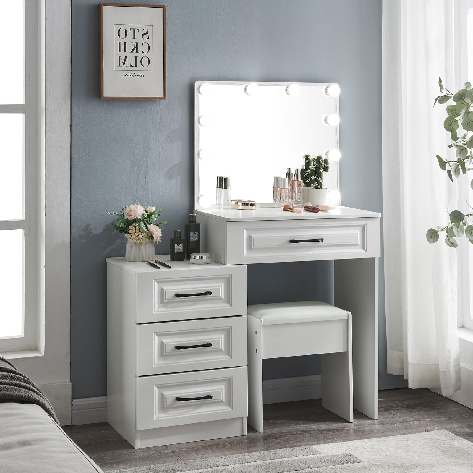Makeup Vanity Dressing Table with Drawers and Lighted Mirror, White Vanity Set Dresser Desk and Cushioned Stool (US1949)