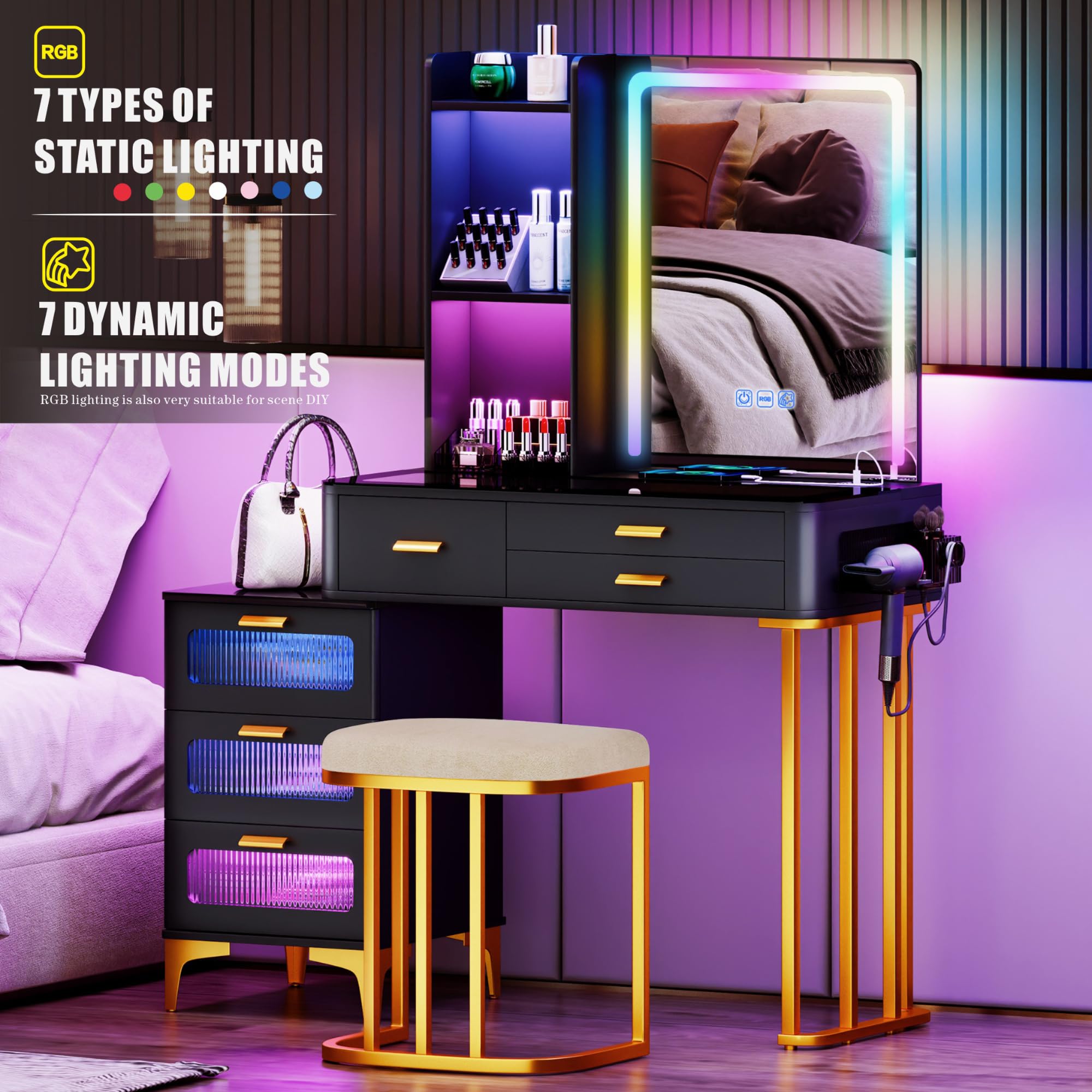 Makeup Vanity Desk with Lights: Vanity Table with Mirror - Dressing Table with Wireless Charging Station & RGB Lights Mobile Vanity with Drawer Glass-Top Design Girls Black Vanity for Bedroom