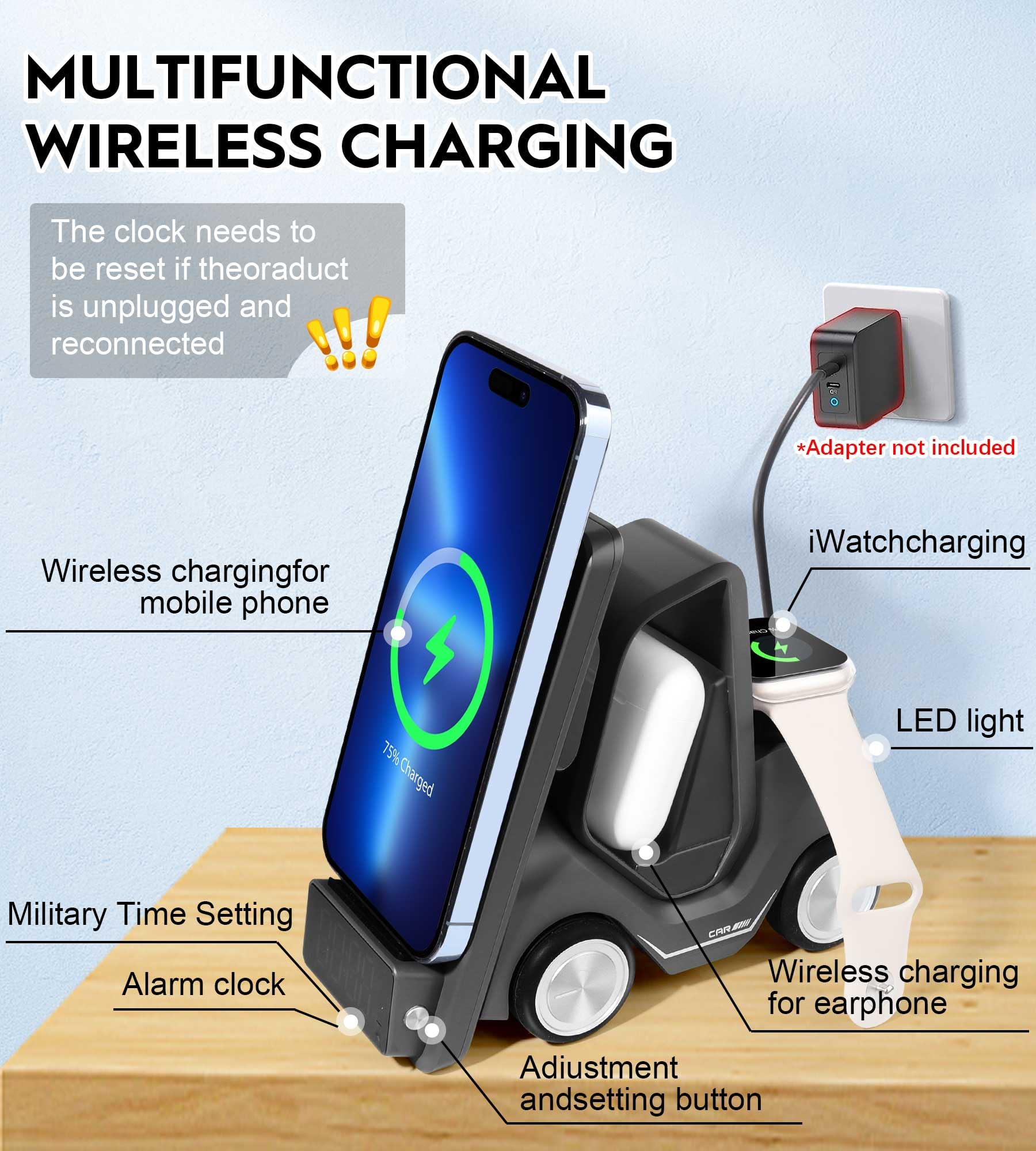 QFUP Forklift Wireless Charger Station for iPhone Charger for Apple Watch Charger for Airpods Charger, 6 in 1 Wireless Charging Station for Multiple Devices Apple Fast Wireless Desktop-Grey