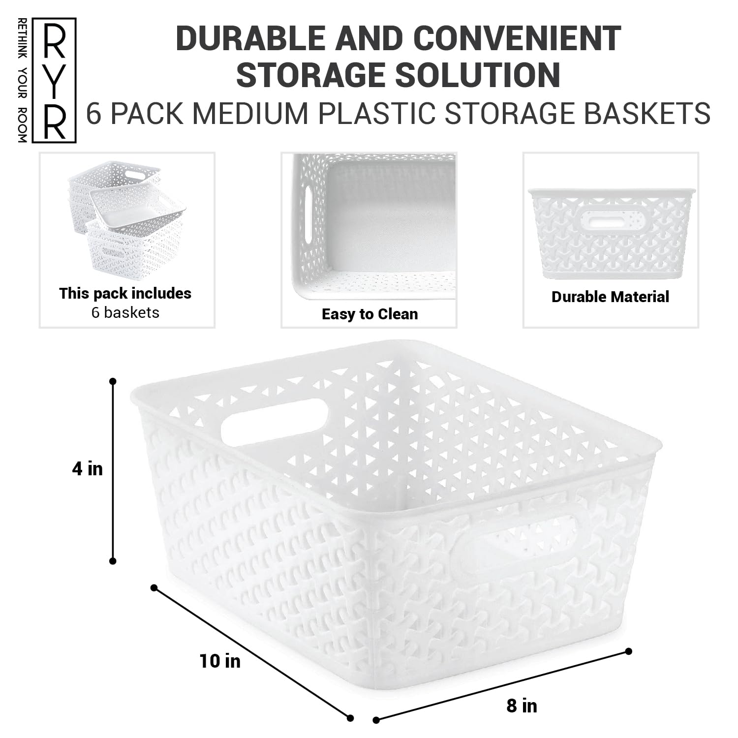 Rethink Your Room Set of 3 Large Plastic Open Storage Basket, 14 x 12 x 5 Inches, Durable Pantry and Kitchen Organization Bins for Organization, Desktops Countertops Bathroom Home, Bright White