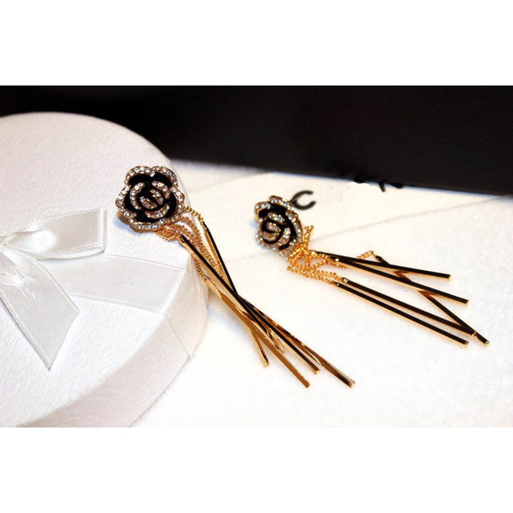 Rhinestone Pendant Black Rose Floral Tassel Earrings