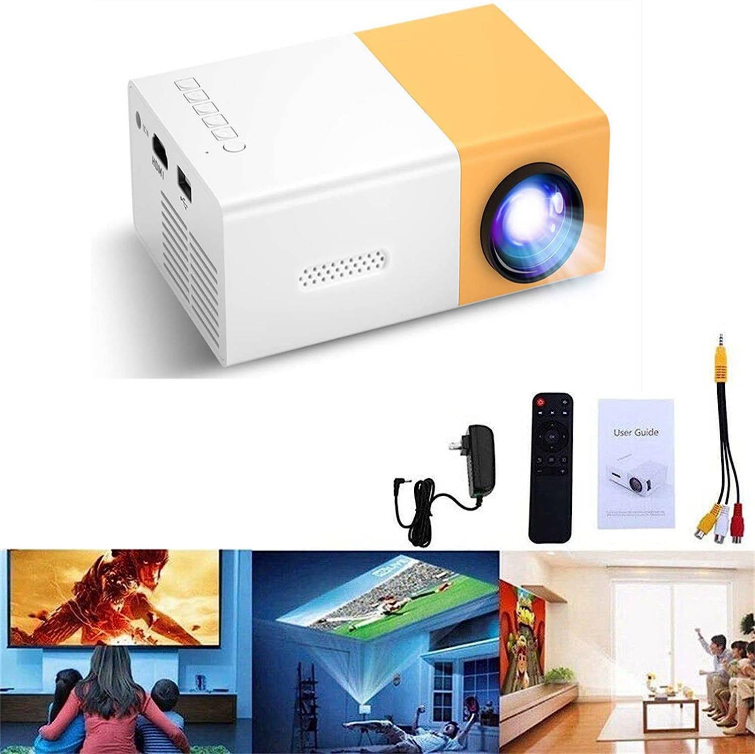 Portable LED Projector, Home Cinema Projector Support 1080P HD Displaying, Stylish HD Projector Support HDMI, AV, VGA, USB, for SD Input & 3.5mm Earphone Port, Replace Television