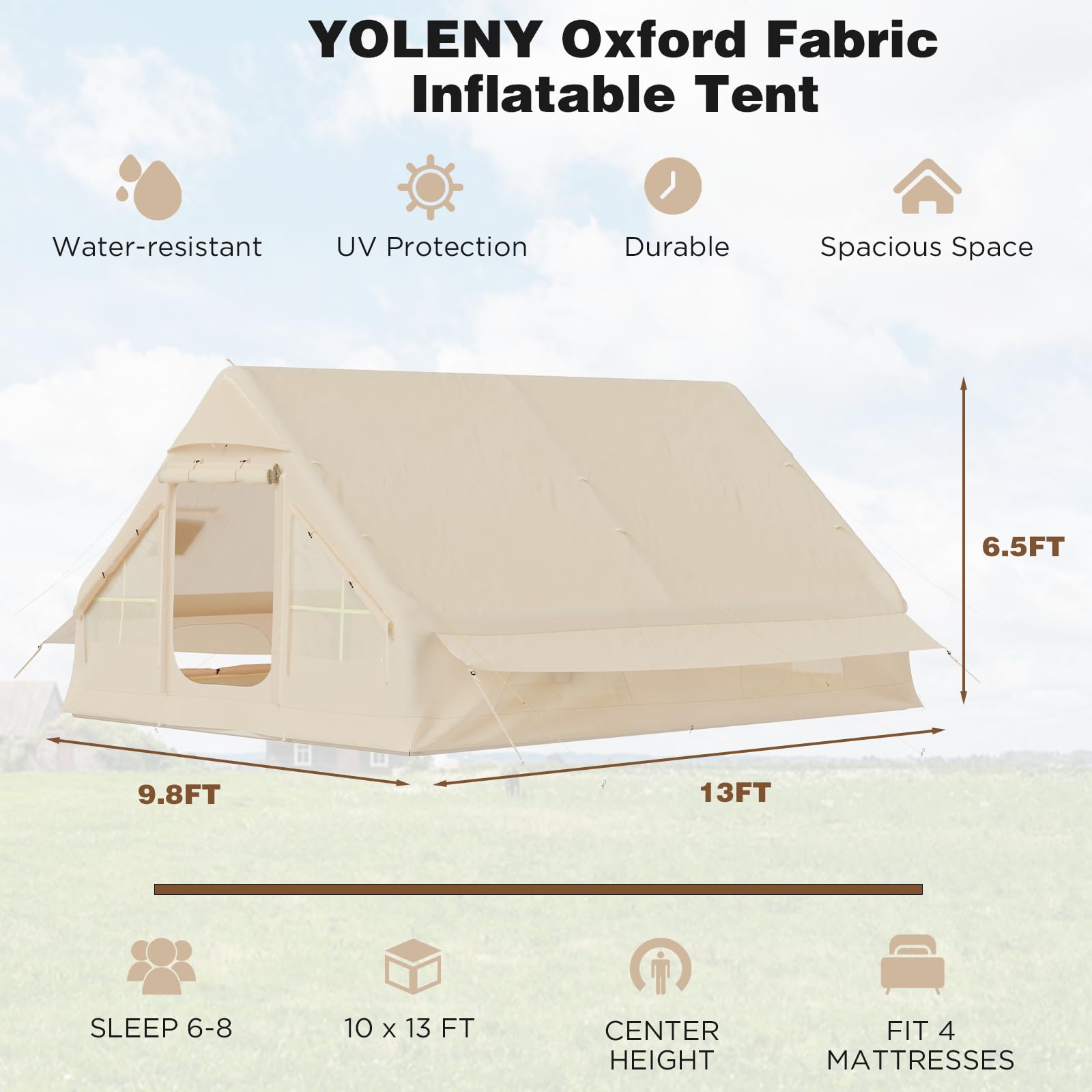 YOLENY Extra Large Inflatable Camping Tent, Glamping Tents Easy Setup 4 Season Windproof Outdoor Cotton Tent with Stove Jack & Mesh Windows & Pump