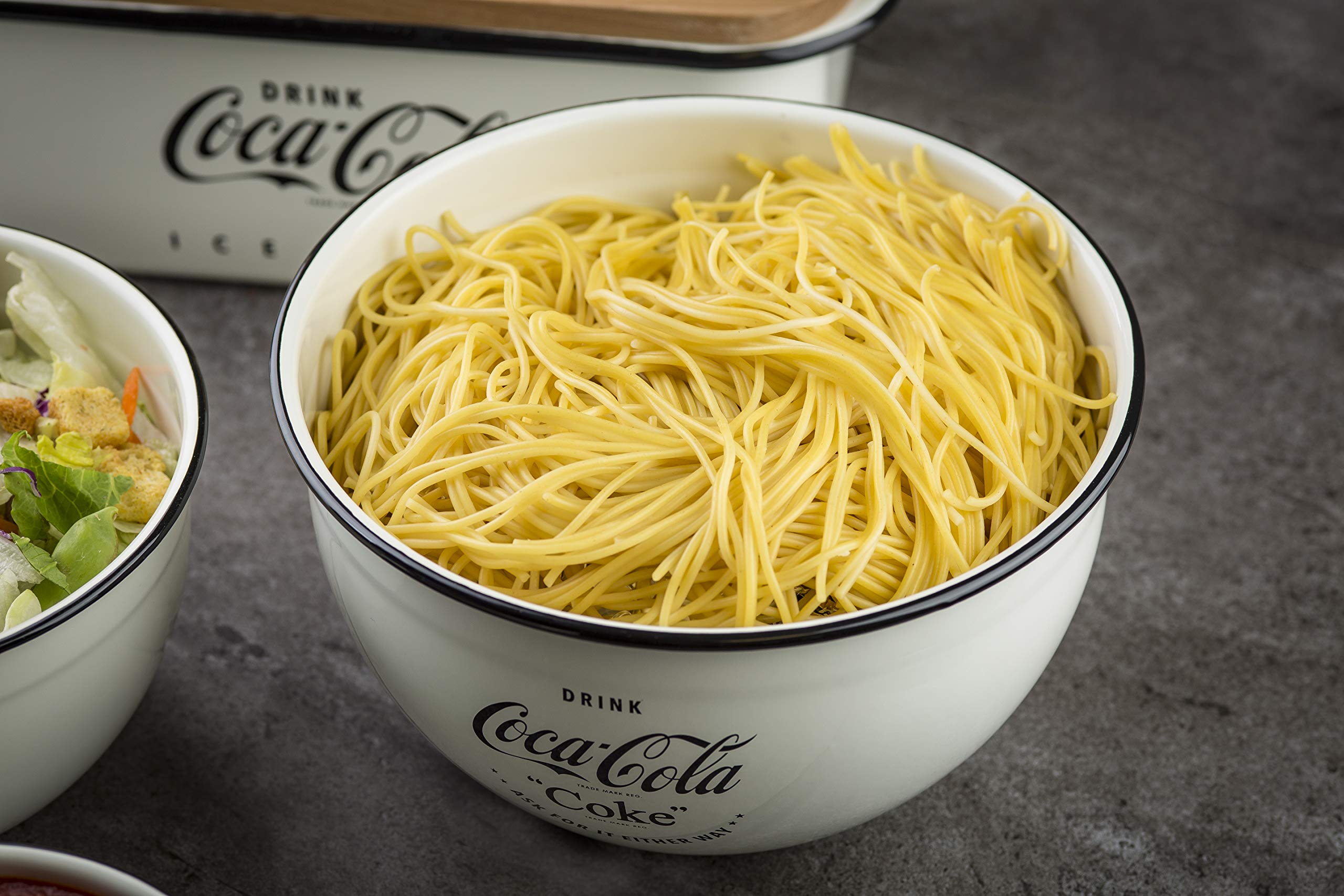 TableCraft's Coca-Cola Enamel Mixing Bowls, S: 7'' dia, M: 8.5'' dia, L: 1.25'' dia, White