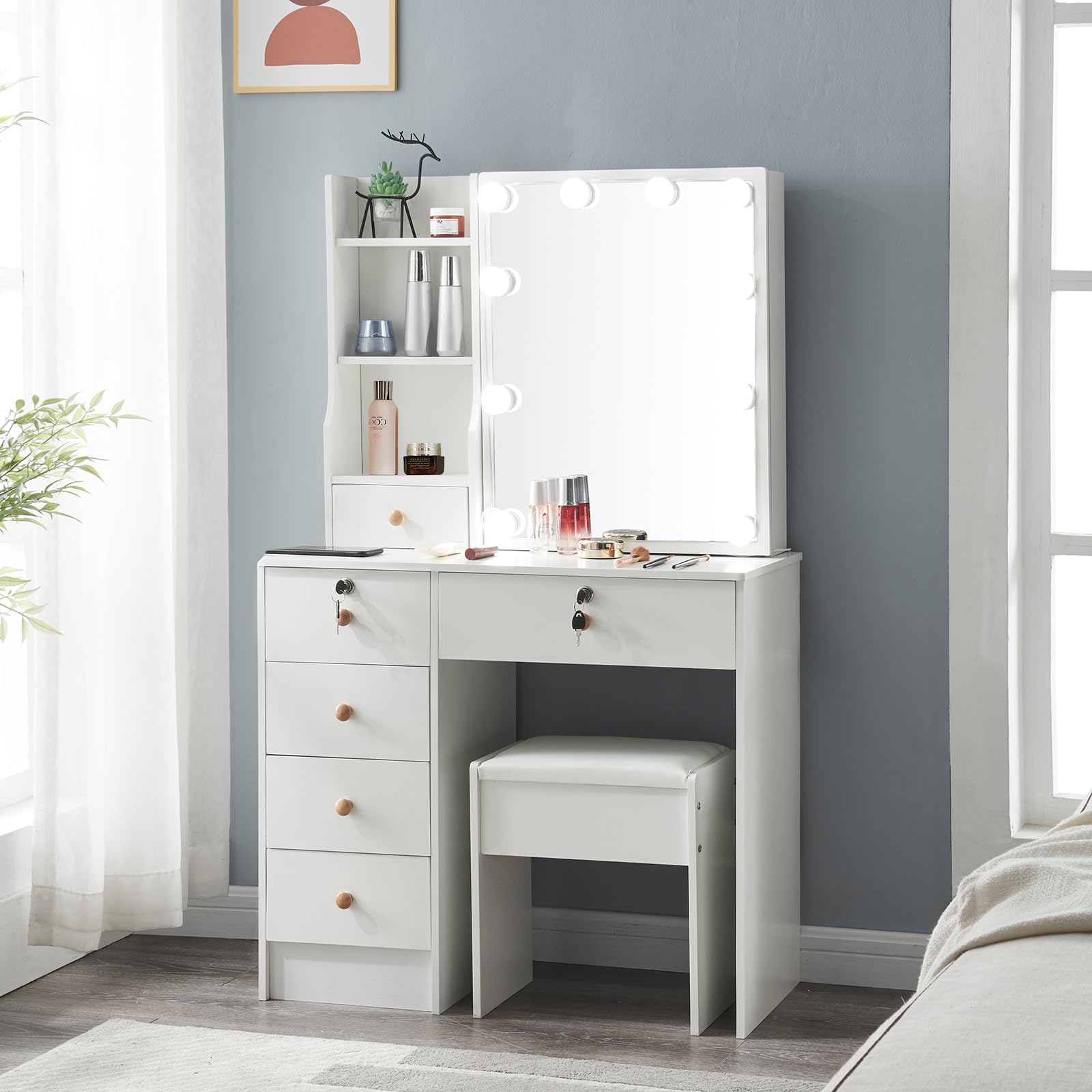 Makeup Vanity with Lights and Mirror, White Vanity Table with 5 Drawers and Chair, Makeup Vanity Set, Modern Dressing Table for Girls Bedroom