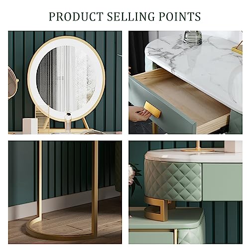 Makeup Vanity with Mirror and Lights, Luxury Dressing Table Wrapped in Microfibre Leather, Modern Vanity Set with Marble Countertop, Side Cabinet, 3 Solid Wood Drawers, Soft Chair - 31.5In Black