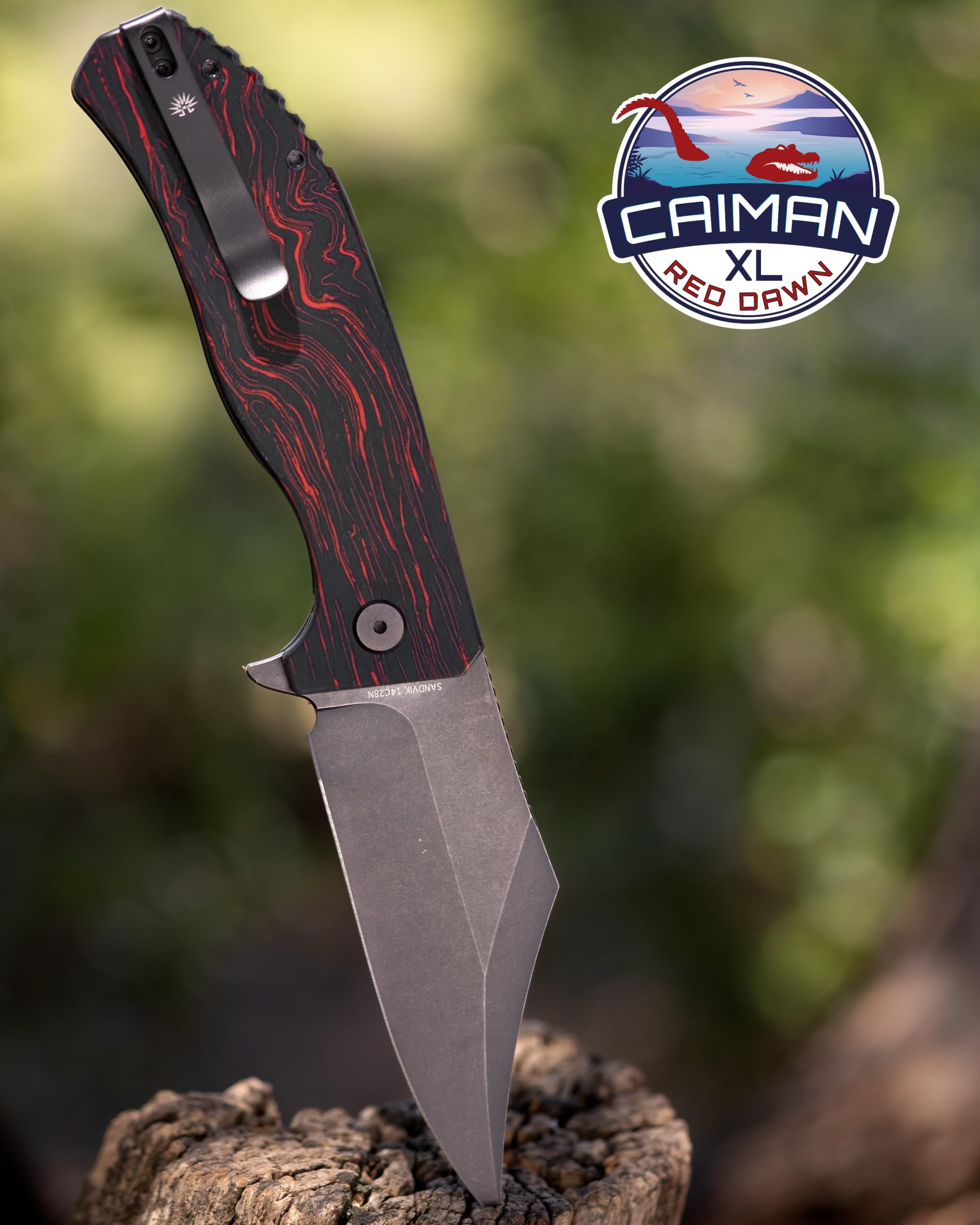 Off-Grid Knives - Caiman XL Red Dawn Edition, Folding Knife with Large Bowie Blade, Sandvik 14C28N Steel, Red & Black G10 Scales, Deep Carry Clip, Left & Right Carry