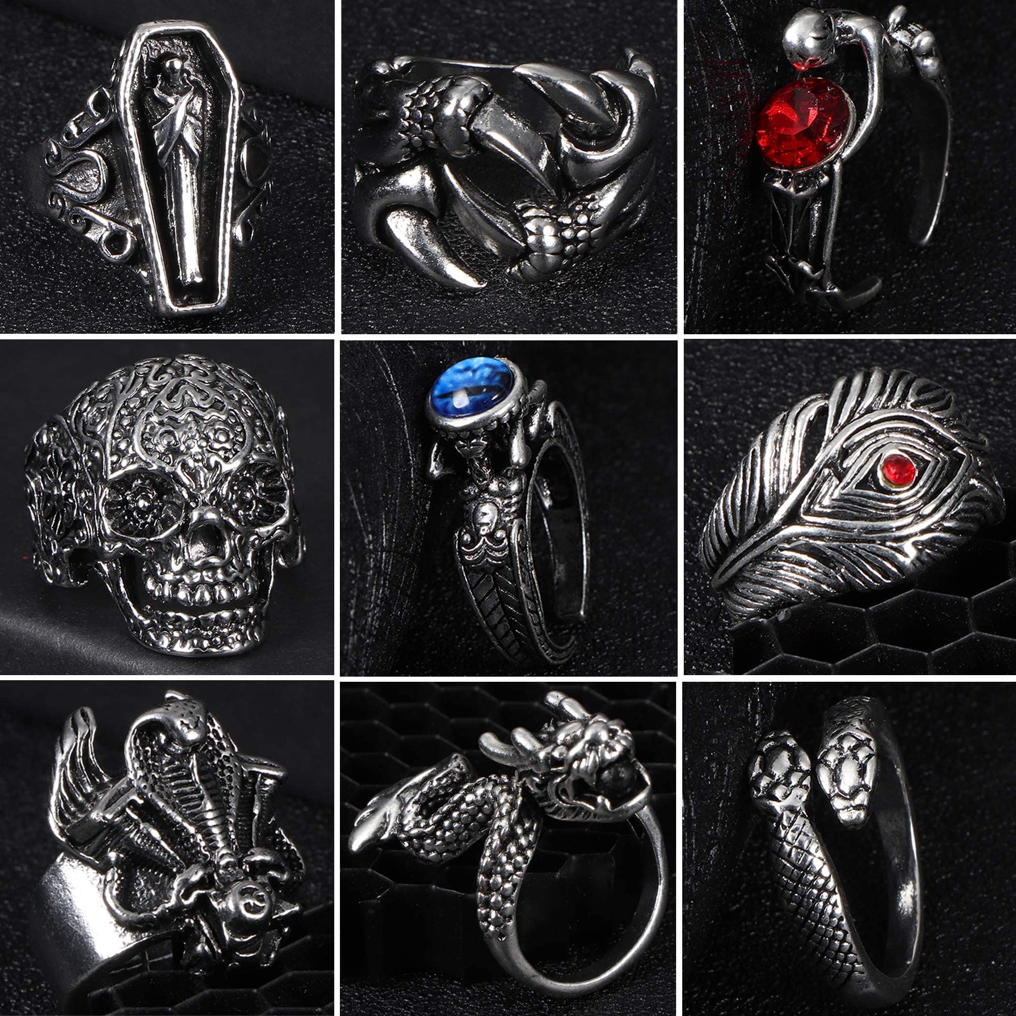 Subiceto 53Pcs Vintage Punk Rings for Men Women Snake Skull Ring Dragon Open Rings Set Adjustable Knuckle Stackable Rings Boho Full Finger Rings