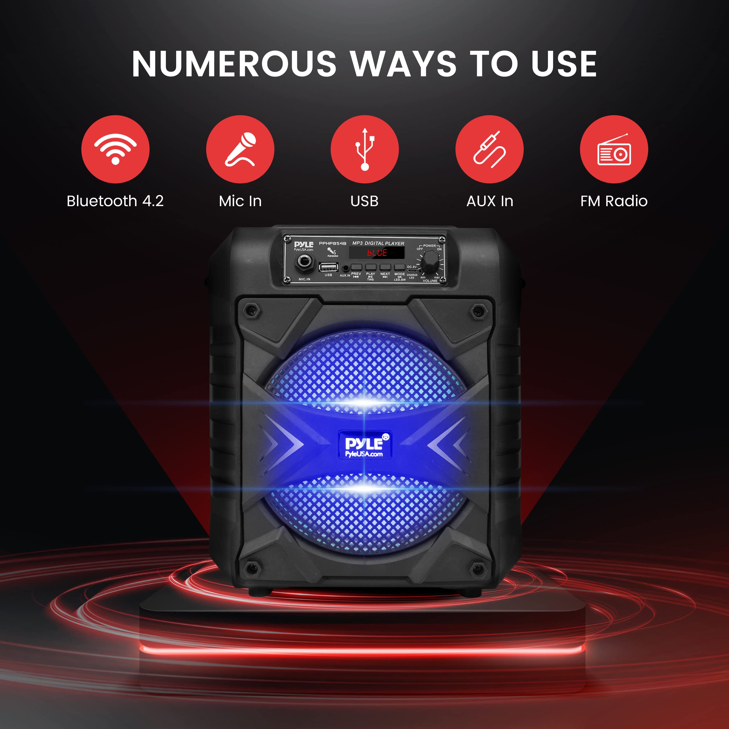 Pyle Portable Bluetooth PA Speaker System - 300W Rechargeable Indoor/Outdoor Bluetooth Speaker Portable PA System w/ 8β Subwoofer, AUX, Microphone in, Party Lights, MP3/USB, Radio, Remote PPHP854B