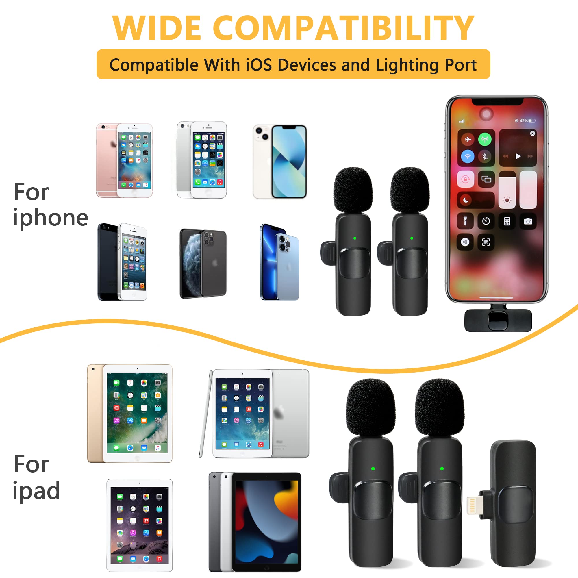 Tofune Wireless Lavalier Lapel Microphone for iPhone iPad Professional Clip Mic - Cordless Omnidirectional Condenser Recording with 2 Microphones Interview Video Podcast Vlog YouTube