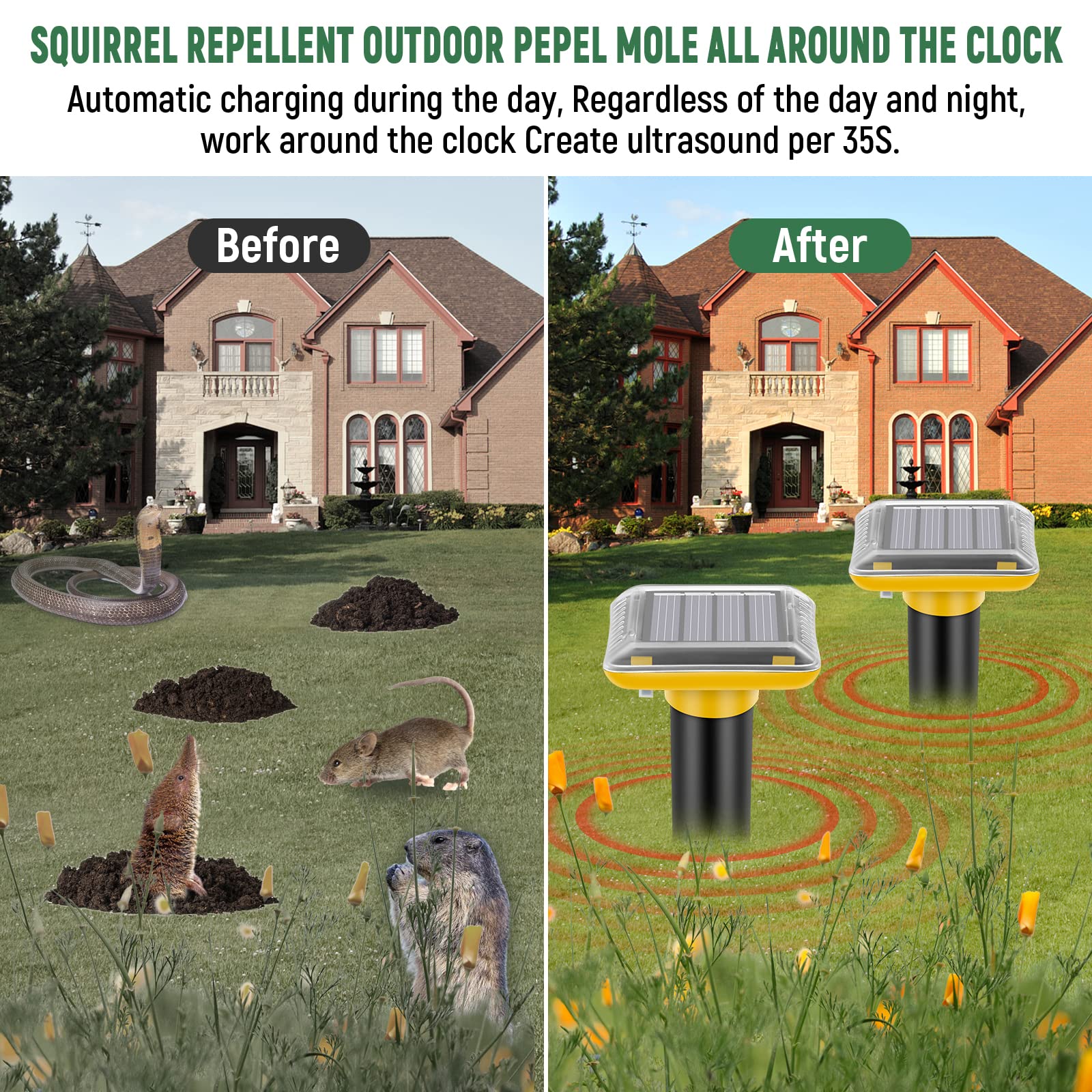 Ultrasonic Mole Repellent Outdoor, 2024 Upgrade Solar Powered Mole Repellent for Lawn Yard and Garden, Waterproof Mole Killer Traps, Effectively Repels Mole Snake Vole Groundhog (Yellow6p)