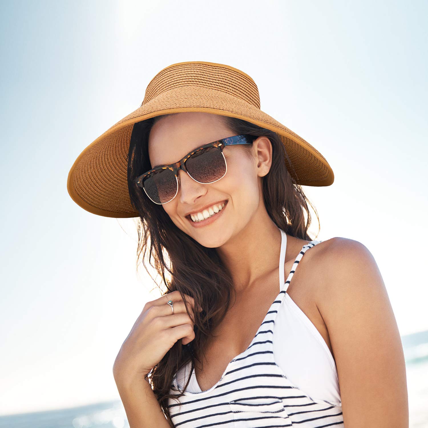 MEINICY 3PCS Foldable Straw Sun Visor Hats for Women, Wide Brim Ponytail Summer Beach Hat, Protect Your Skin Easily (Nature+Black+Beige 3PCS)…