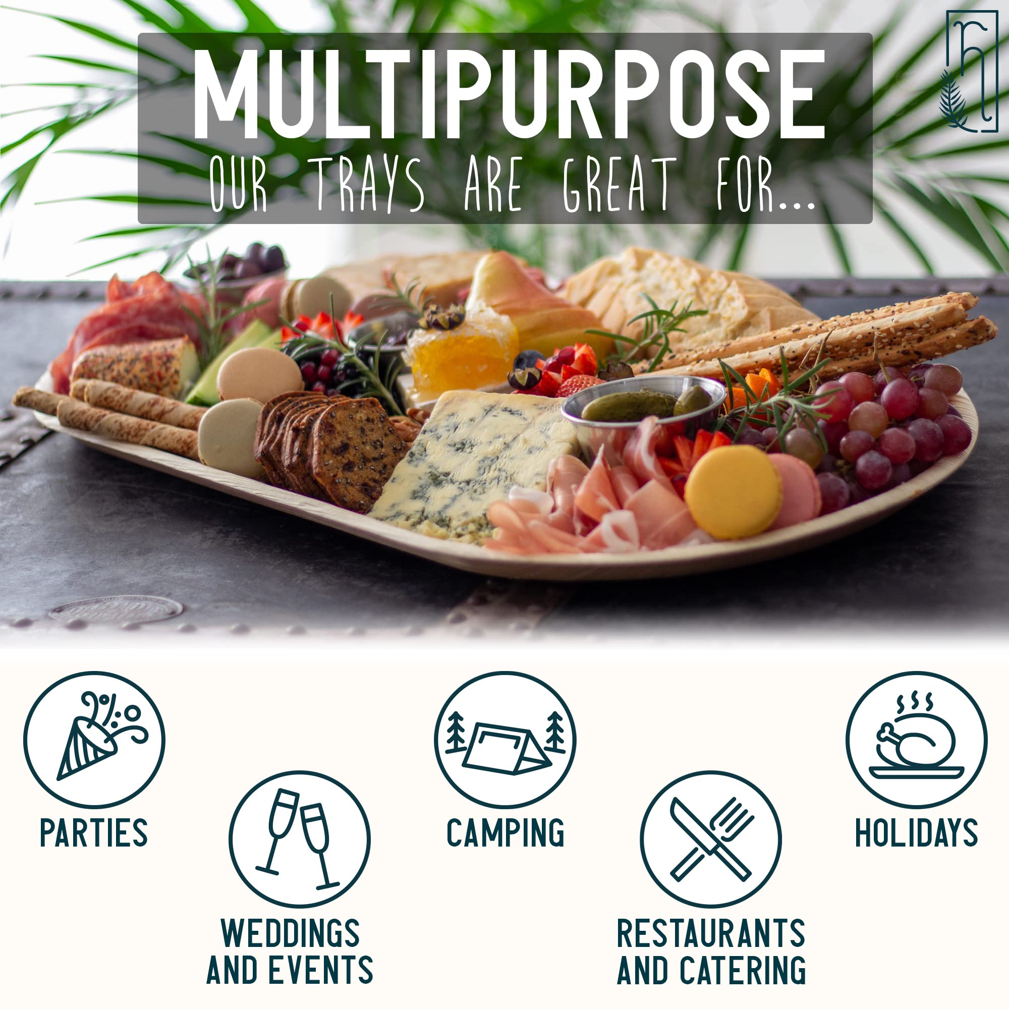 Root House Goods - Palm Leaf Trays 17"x12" Large (12 pk) | Disposable Serving Trays | Eco-Friendly | Compostable Platters for Weddings, Catering Events, Charcuterie, Grazing, Cheese Boards