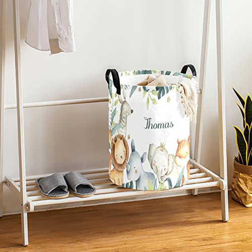 Safari Lion Elephant Fox Personalized Laundry Hamper,Custom Name Collapsible Waterproof Laundry Basket Storage Bins with Handle for Clothes,Toy,Nursery