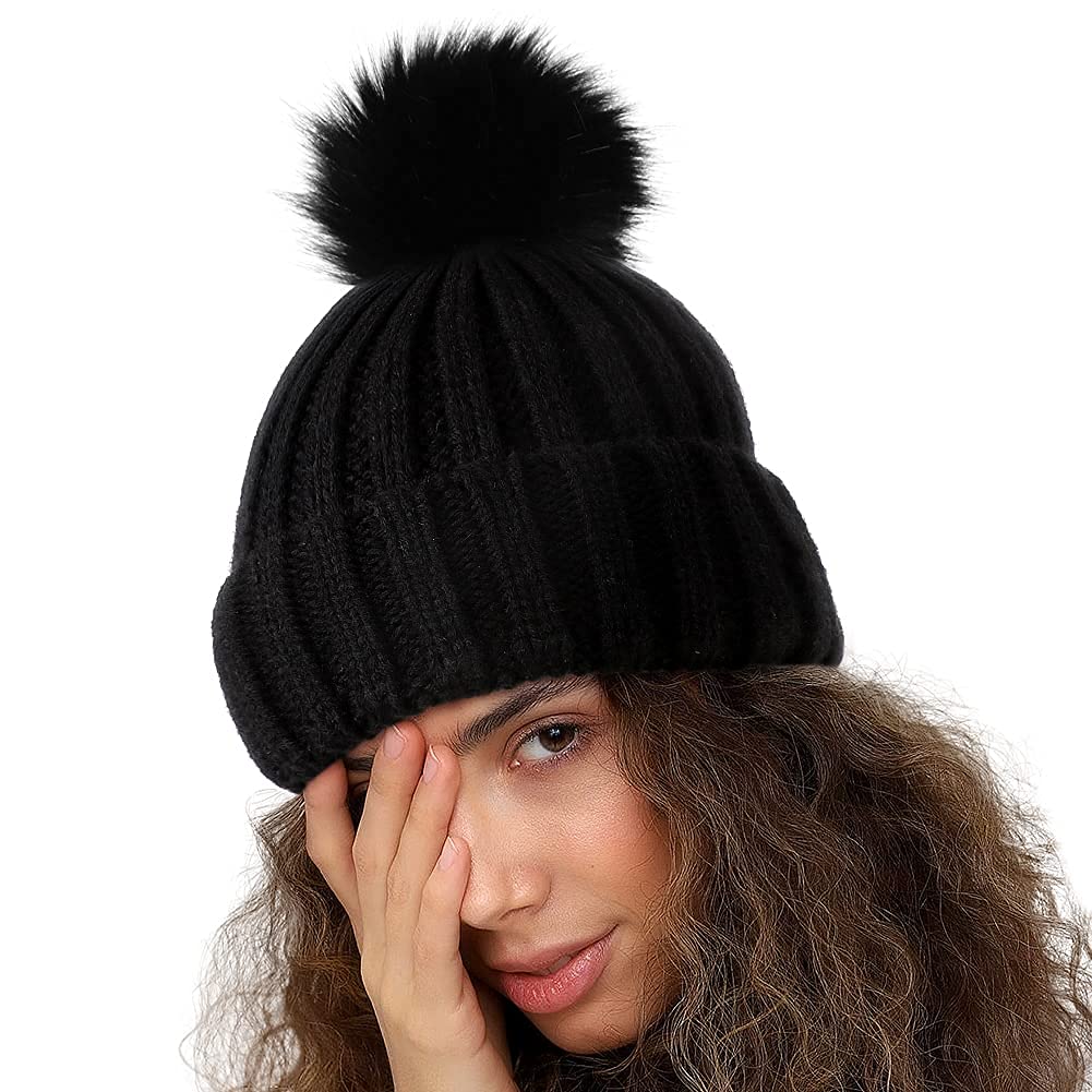 SHINCHIC Womens Winter Satin Lined Beanie Hat Cuffed Faux Fur Pom Hat Knitted Warm Soft Skull Cap Black