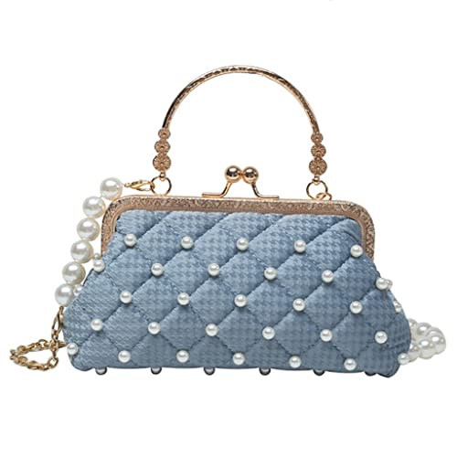 ZHUHW Evening Bag Women Pearl Chain Shoulder Handbag Wedding Metal Handle Design Clutch Bag Diamond Lattice Solid Purse (Color : Blue, Size : 1)
