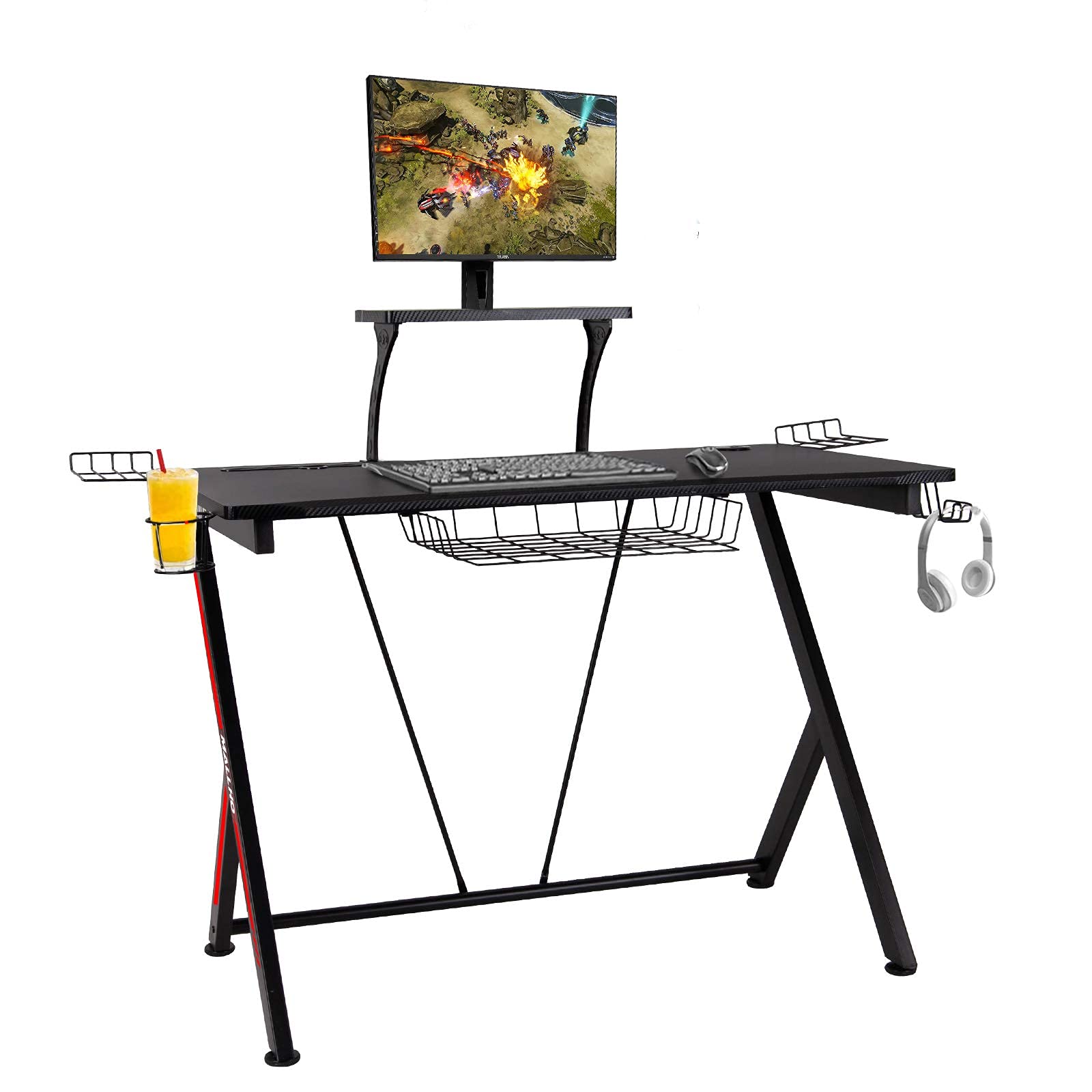 Polar Aurora Y-Shaped Gaming Desk 41.6" W x 24" D Home Office Computer Table, Black Gamer Workstation with Monitor Stand, a Cup and Headphone Hook, Cable Management Hole and a Under-Desk Basket(RED)