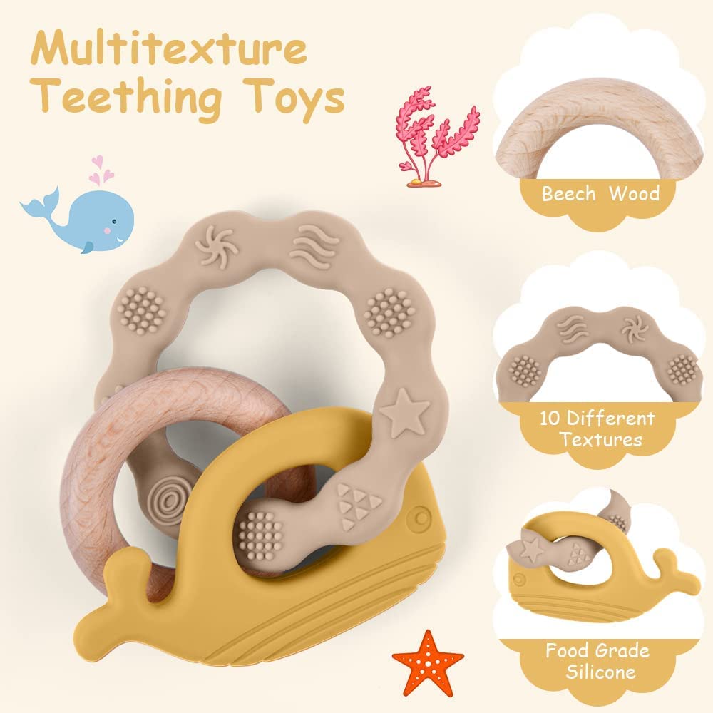 Vicloon Baby Teether Toys, Silicone & Natural Wood Teether Ring, Baby Teething Toys for Babies 0 Months+, Silicone Chewable Rings for Newborn Gift(Yellow)