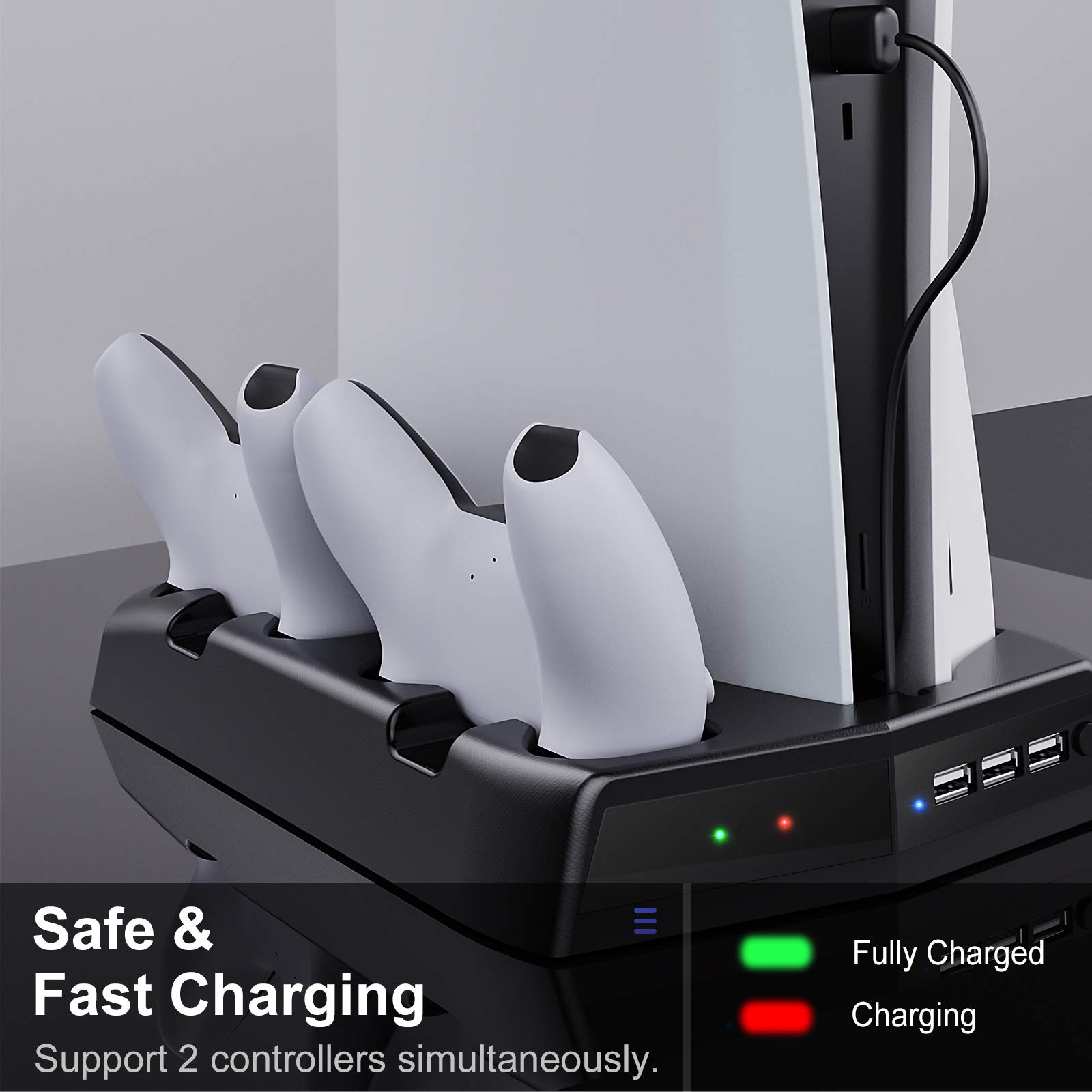 MoKo Cooling Fan Vertical Charger Stand for PS5, 3 in 1 Charging Station Dock Compatible with Sony Playstation 5 Digital Edition/Ultra HD Console & DualSense Controllers with 14 Game Slots 3 USB Ports