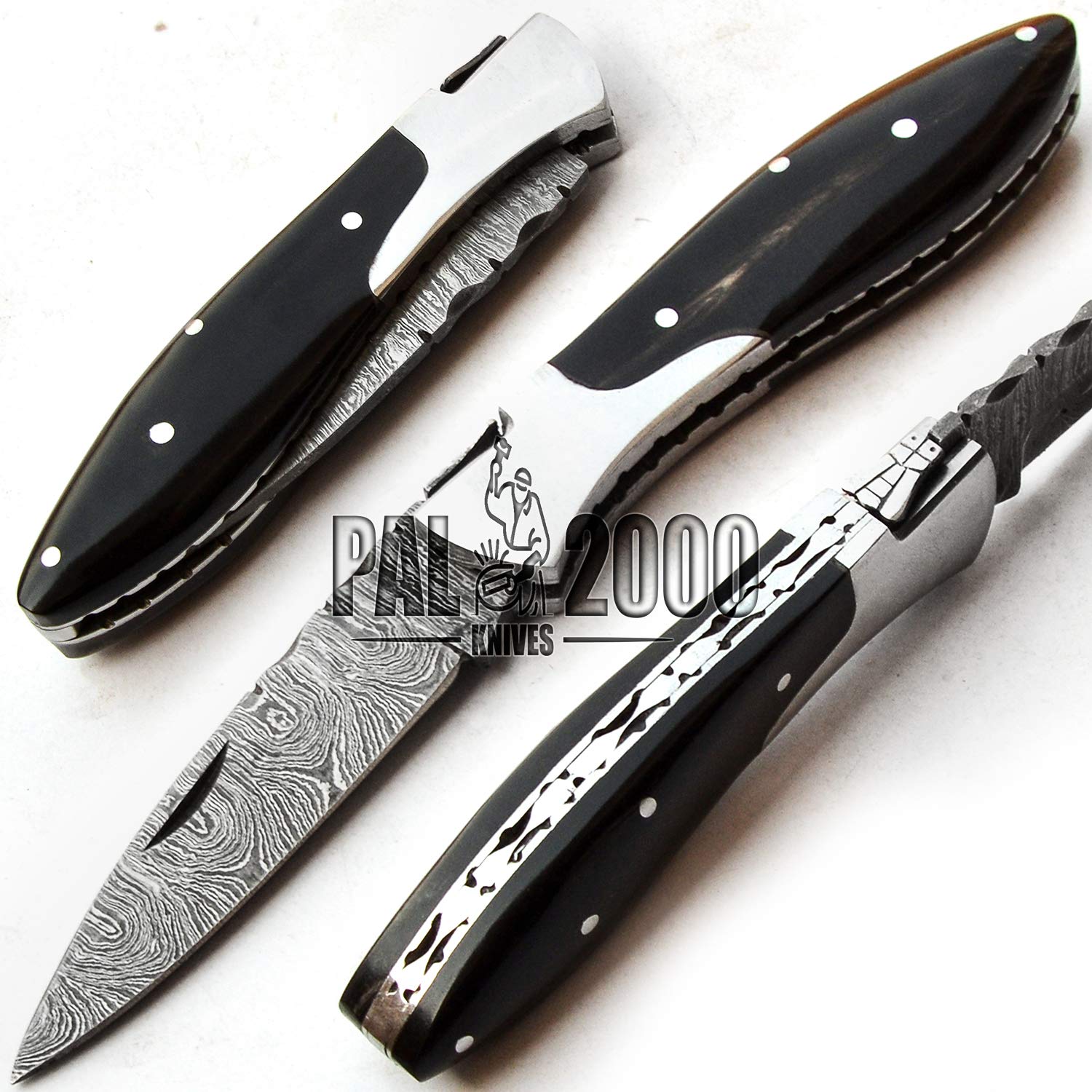 PAL 2000 KNIVES Custom Handmade Damascus Steel Folding Pocket Knife With Leather Sheath 9795