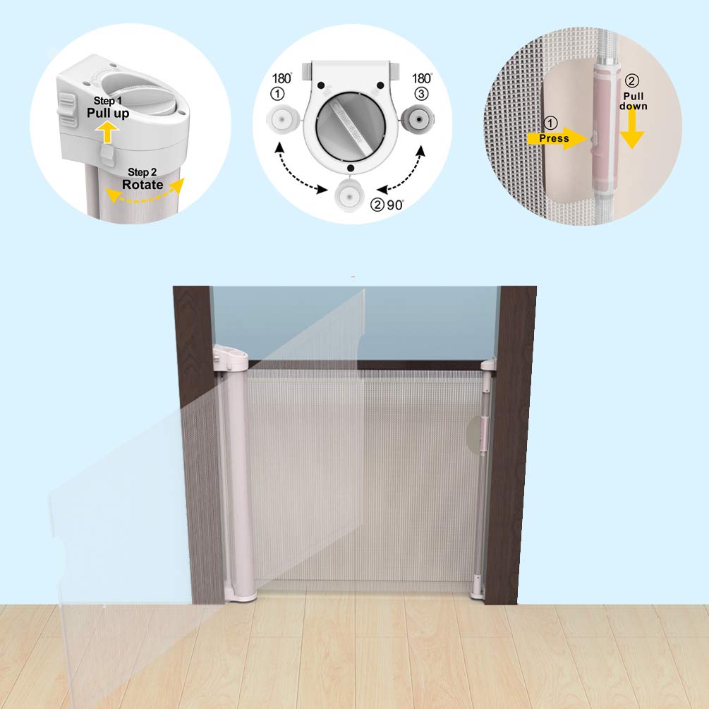Retractable Baby Gate Support Three Directions 52 INCH Wide Mesh Safety Gate with Easy Latch and Flexible Design for Stairs, Doors,Most Spaces