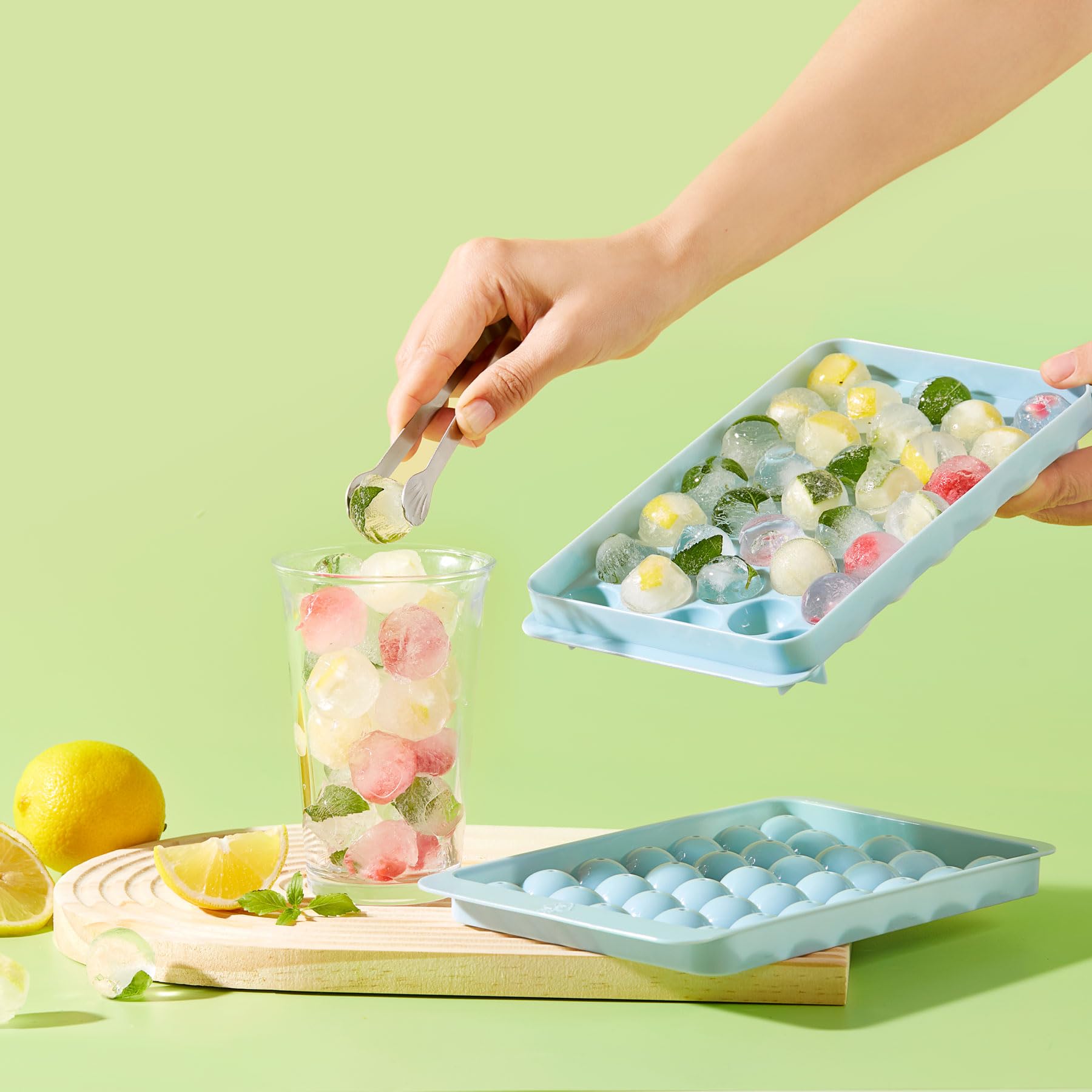 Ultrean Ice Cube Tray with Lid and Bin, Round Ice Cube Tray for Freezer, Making 66pcs Easy Release Ice Cube for Coffee, 2 Trays 1 Ice Container & Scoop