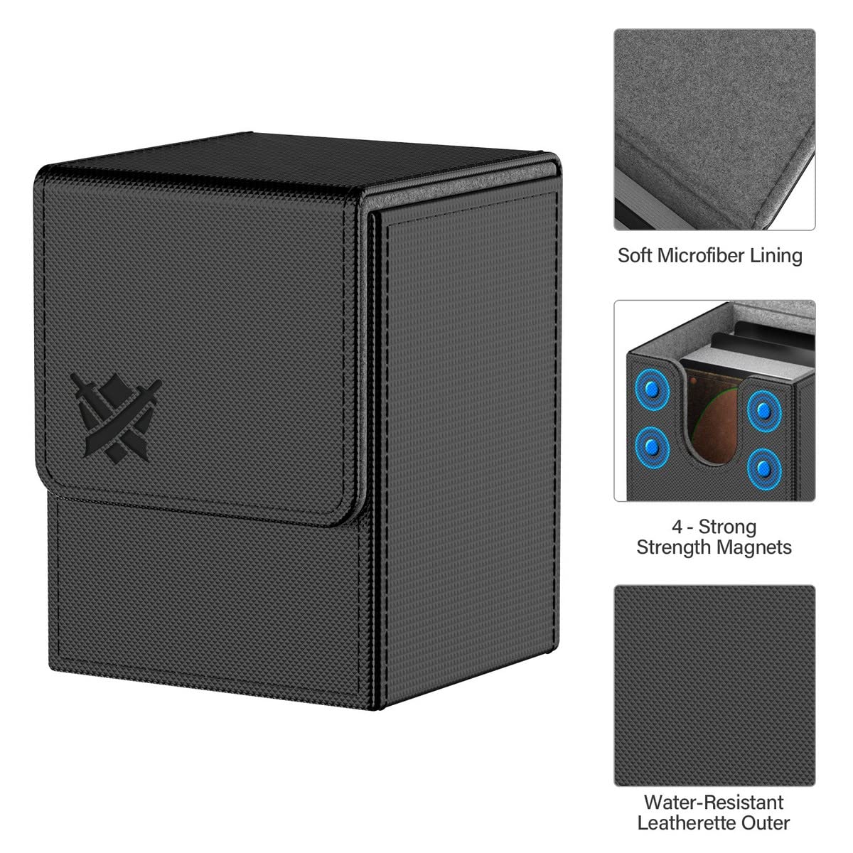 ULTRGEE Deck Box for MTG Cards, Magnet Card Box with 2 Dividers per Holder, Large Trading Card Case Fit for up to 110 Cards-[Shield Design] (Black)