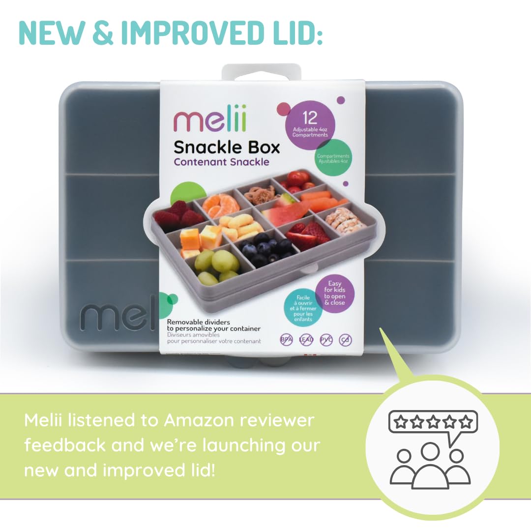 melii Snackle Box – Divided Snack Container, Food Storage for Kids, Removable Dividers, Arts & Crafts, Beads, BPA-Free – 12 Compartments (Grey)