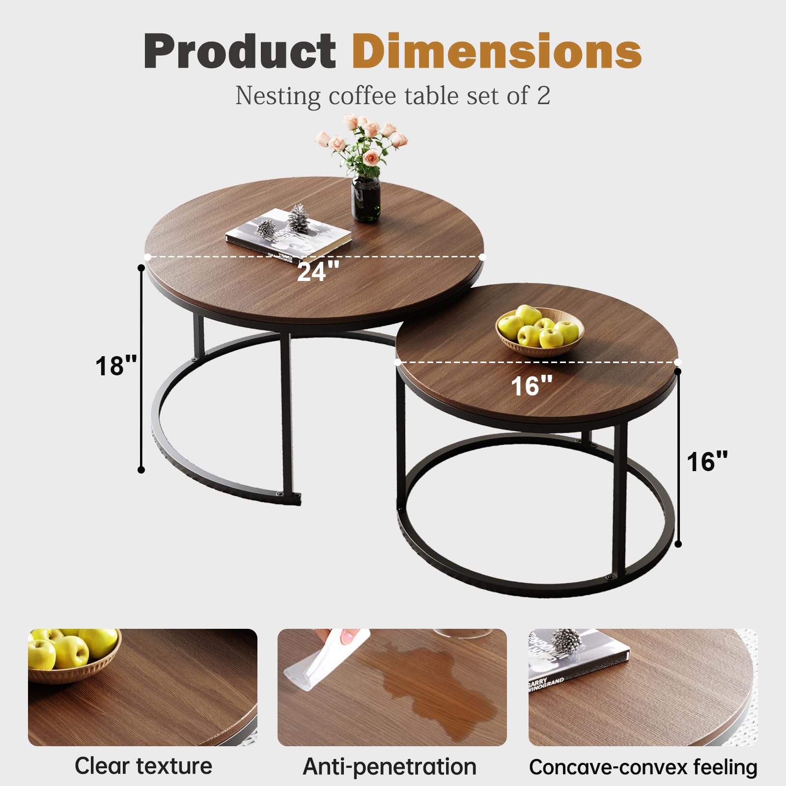 Modern Nesting Coffee Table Set of 2 for Living Room Balcony Office, Modern Decorative Round Wooden Coffee Center Table with Sturdy Metal Frame