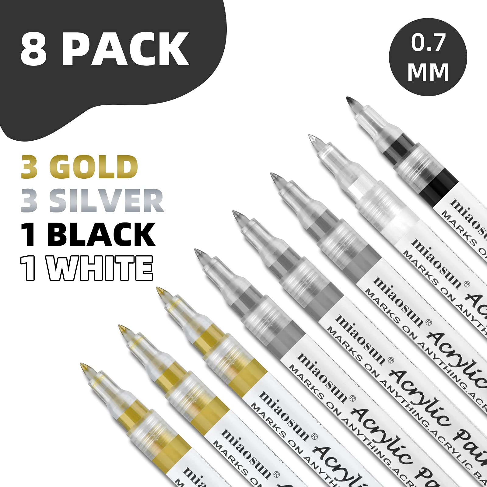 miaosun Acrylic Paint Pens,8 Pack 0.7mm Gold and Silver Metallic Permanent Markers for Wood, Glass, Metal and Ceramic - Water Based(3 Gold 3 Silver 1Black 1White)